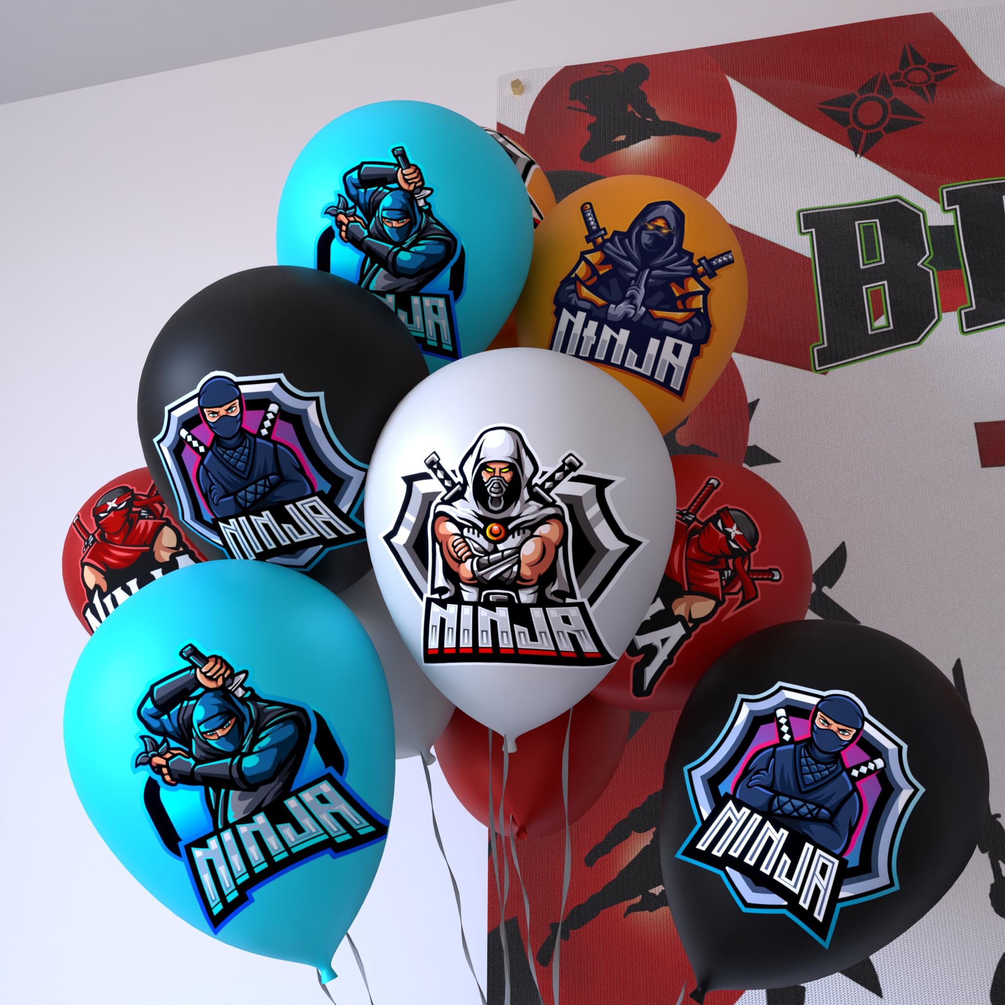 Nelton Ninja Party Supplies Includes Cake Topper, 24 Cupcake Toppers, 20 Latex Balloons, Happy Birthday Backdrop, 1 Table Cloth , 1 Banner