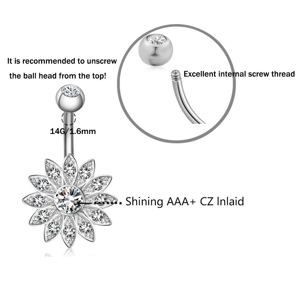 NASAMA 6PCS 14G Stainless Steel Dangle Belly Button Rings for Women Belly Piercing CZ Inlaid (Style 6pcs)