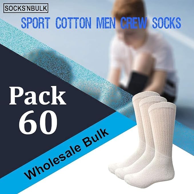 SOCKS'NBULK 60 Pairs Wholesale Bulk Sport Cotton Mens Crew, Ankle, Tube Socks, Size 10-13 (Mens White Crew Gray Heel Toe)