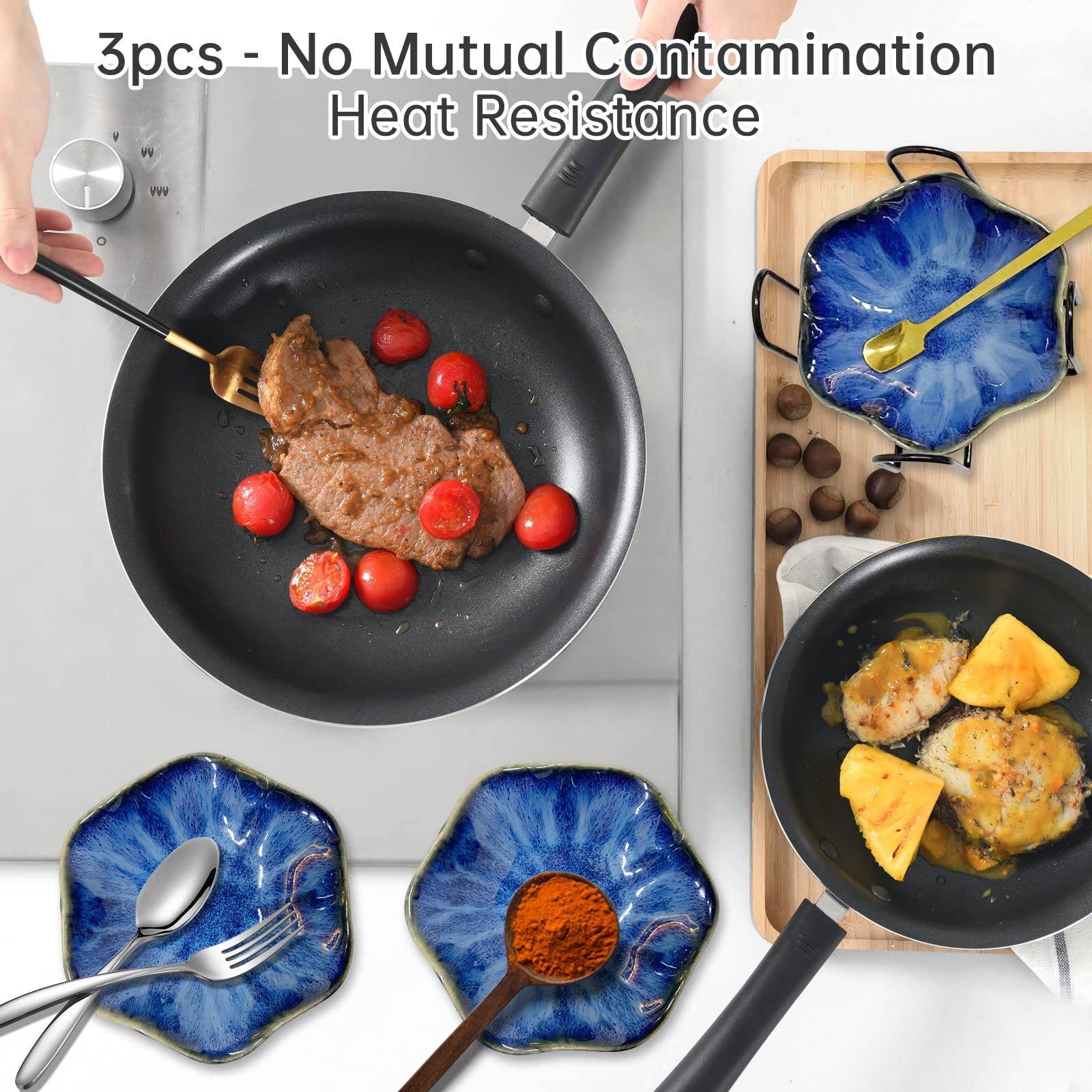 Spoon Rest for Stove Top with Holder 3pcs, TIGERMILLION Heat-Resistant Cooking Utensil Rest, Tea Spoon Rest, Ideal Gift For House Warming Gifts, Dishwasher Safe, Blue