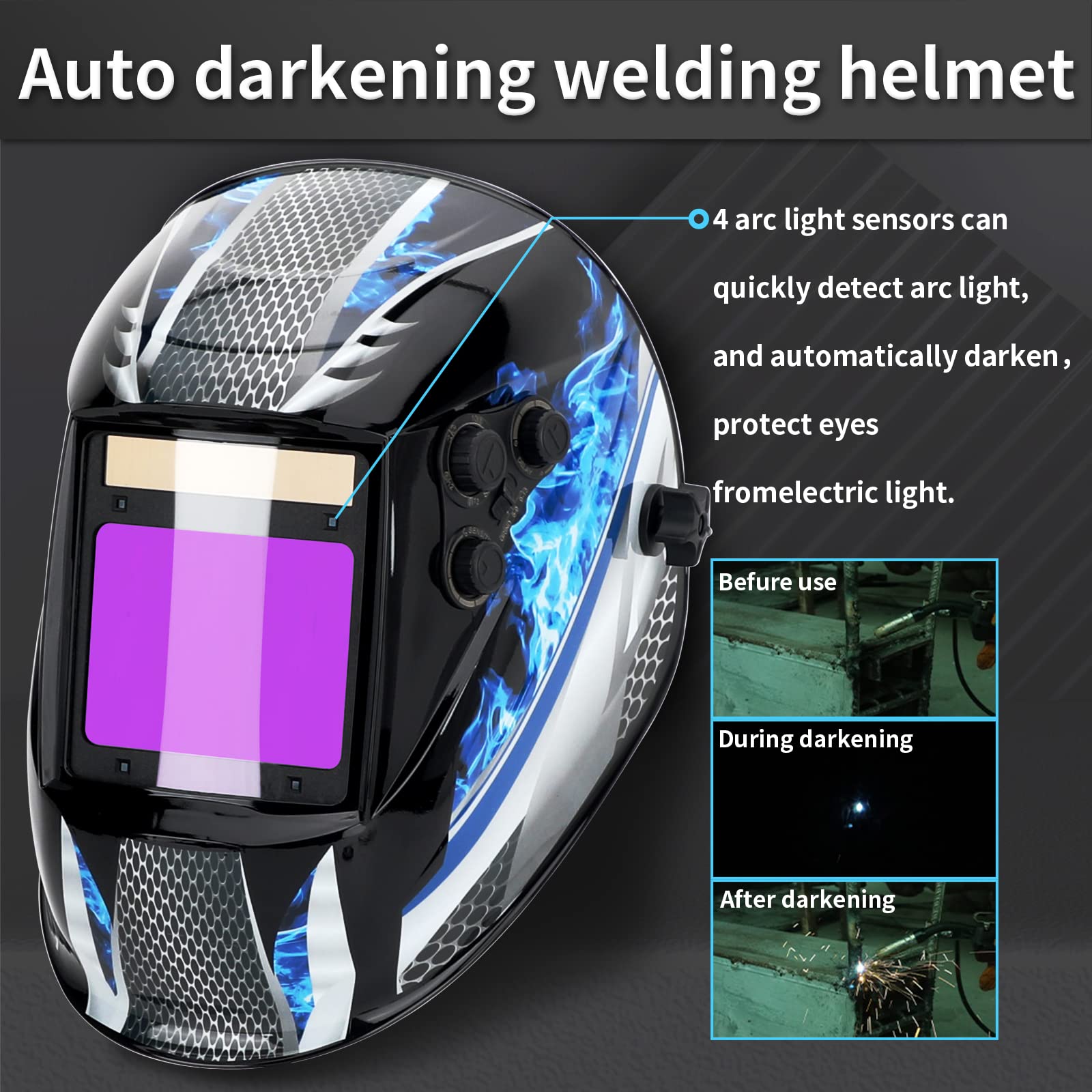 Welding Helmet, True Color Auto Darkening Welding Helmet, Large Viewing Screen Welding Mask for TIG MIG ARC, Solar Powered Welding Hood, 4 Arc Sensor Welder Helmet Wide Shade 4/5-9/9-13 (Blue)