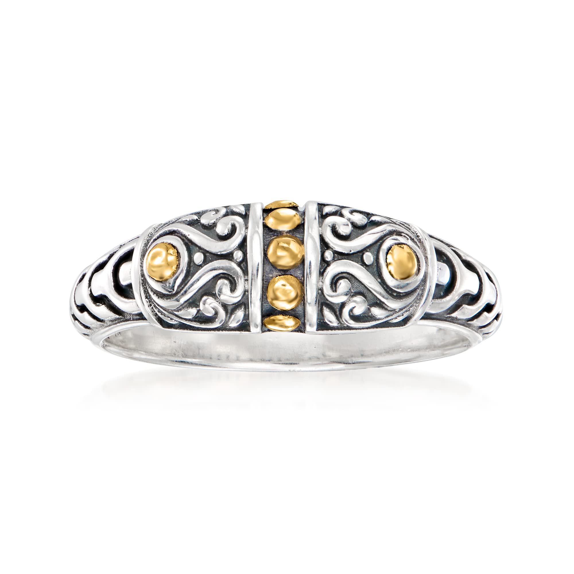 Ross-Simons Sterling Silver and 18kt Yellow Gold Bali-Style Scrollwork Ring. Size 7