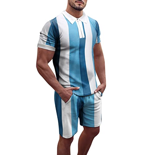 Sports Shirts for Men 2022 Casual Sport Set for Mens 2 Piece Sports Set Plaid Short Sleeve Zipper Polo Shirts & Shorts Set Training Outfits(A- Blue,X-Large)