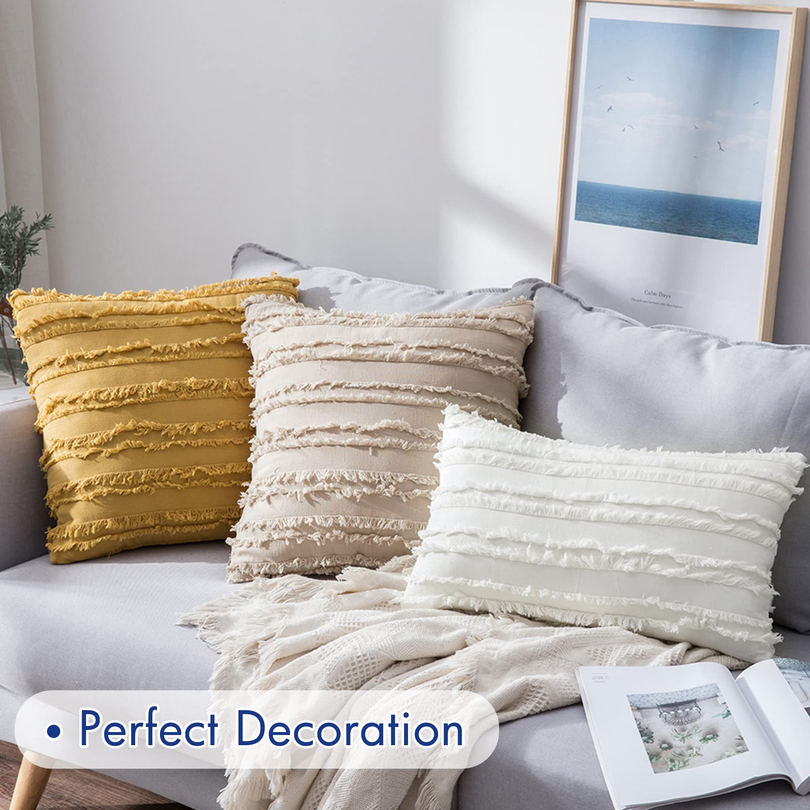 MIULEE Set of 2 Decorative Boho Throw Pillow Covers Linen Striped Jacquard Pattern Cushion Covers for Sofa Couch Living room Bedroom 18x18 Inch White