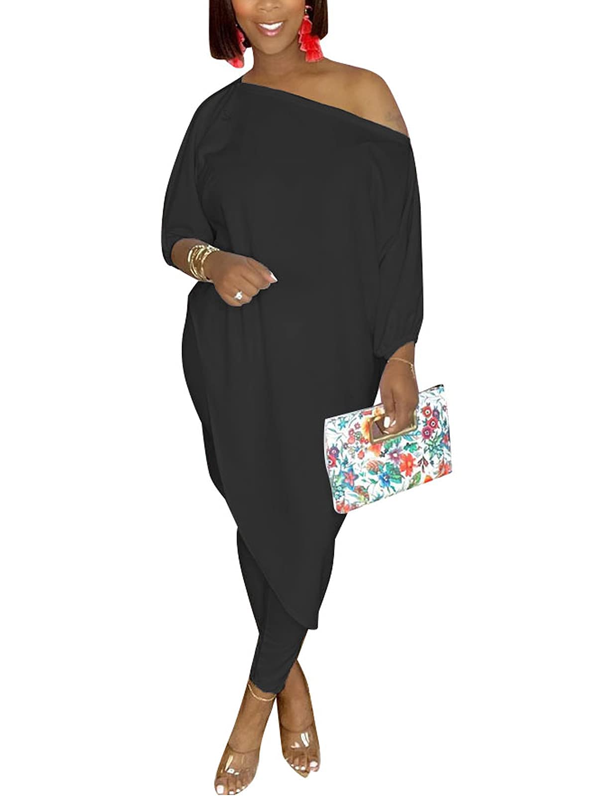Volemo Plus Size Outfits for Women Tracksuits One Shoulder Asymmetrical Hem Top Skinny Pants 2 Piece Loungewear Black S