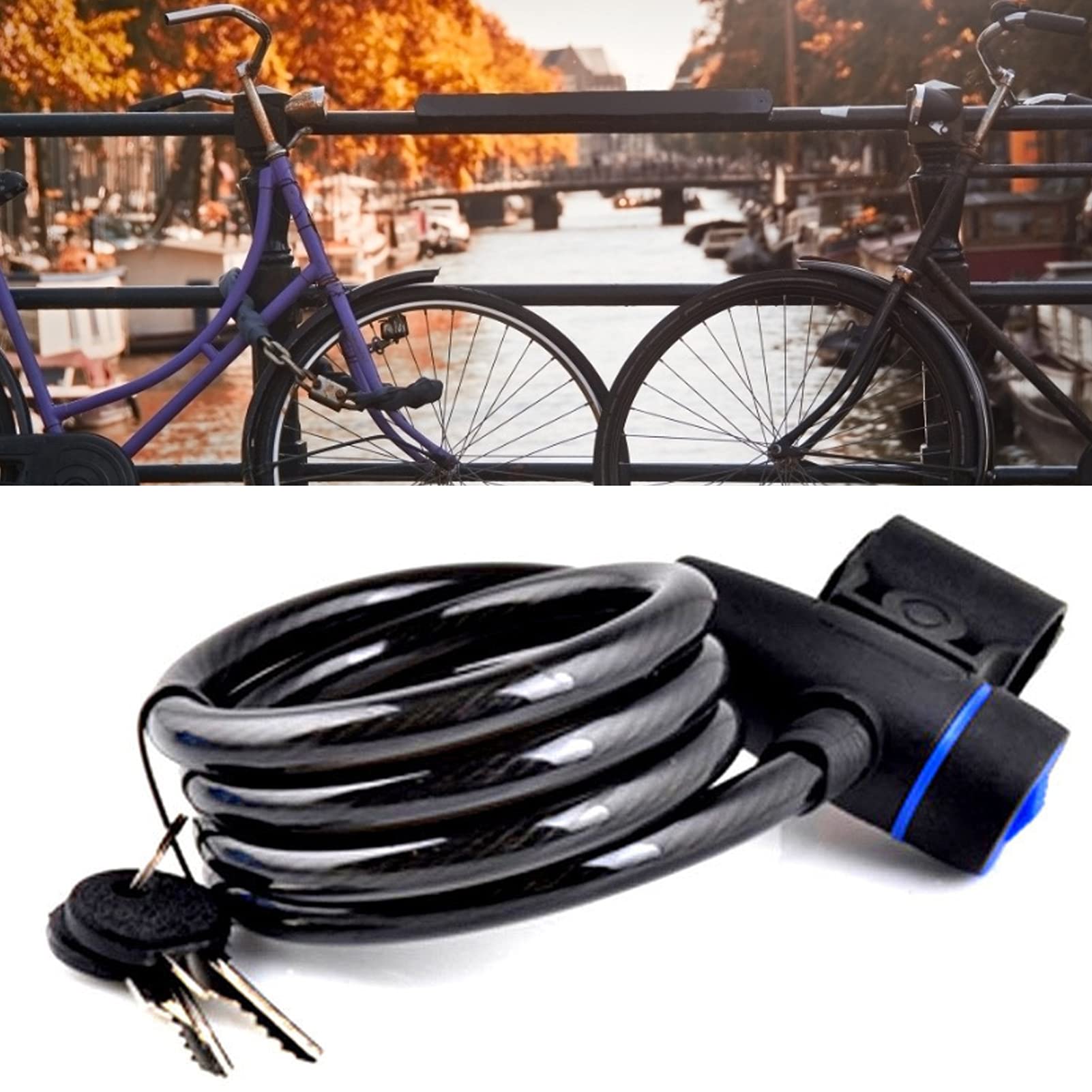 Trusway Bicycle Lock Wear-Resistant Anti-Theft Metal Sturdy Security Lock Double Loop Vinyl Coated Self Coiling for Door All Bicycle Motorbike Gate Black