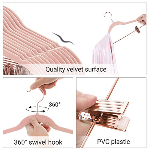 SONGMICS 24 Pack Pants Hangers, 16.7 Inch Coat Hangers with Rose Gold Colored Movable Clips, Heavy-Duty, Non-Slip, Space-Saving, for Pants, Skirts, Dresses, Light Pink UCRF14PK24