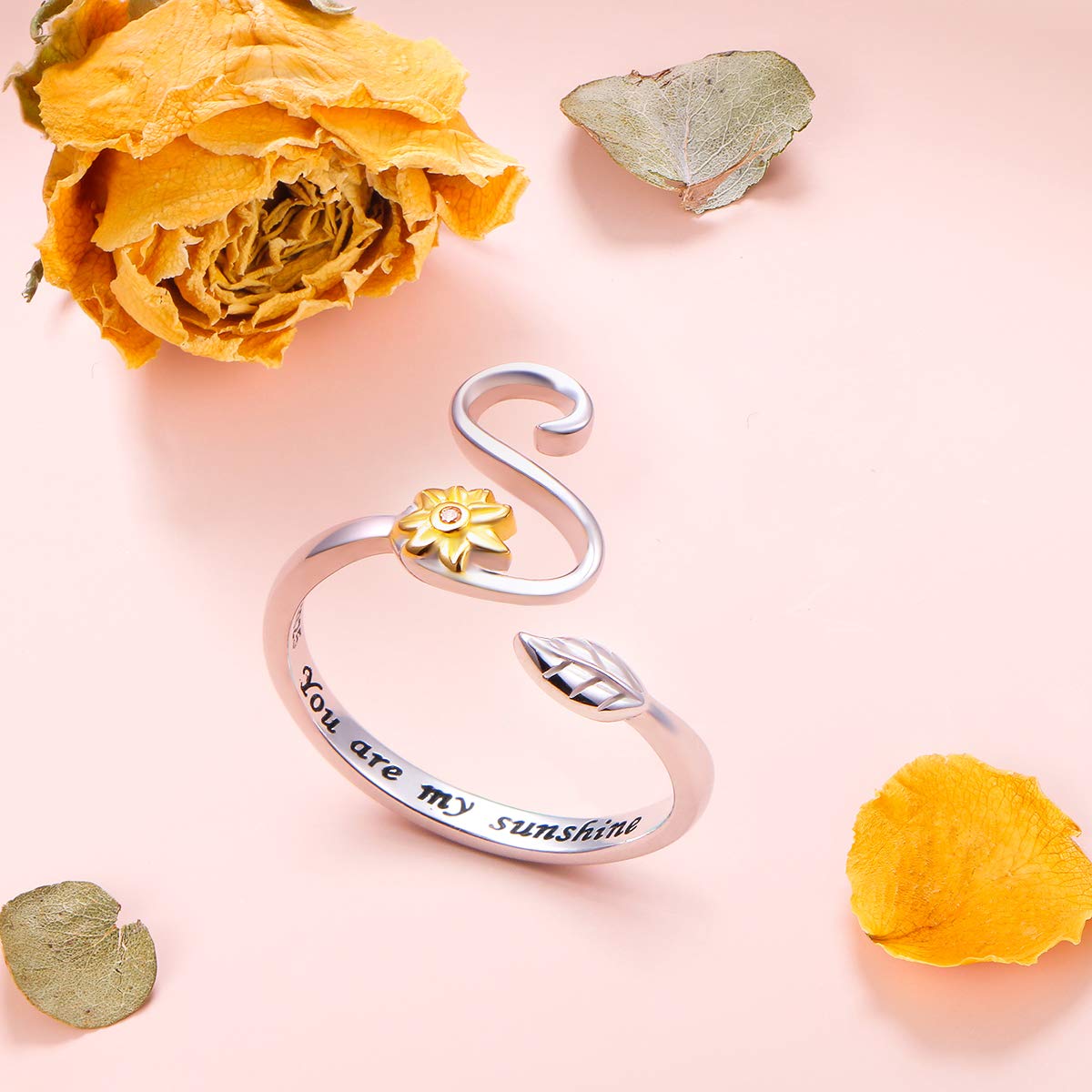 Sterling Silver Gold Tone Sunflower Initial 26 Letter Script Name Alphabet A Resizable Ring for Size 5-9