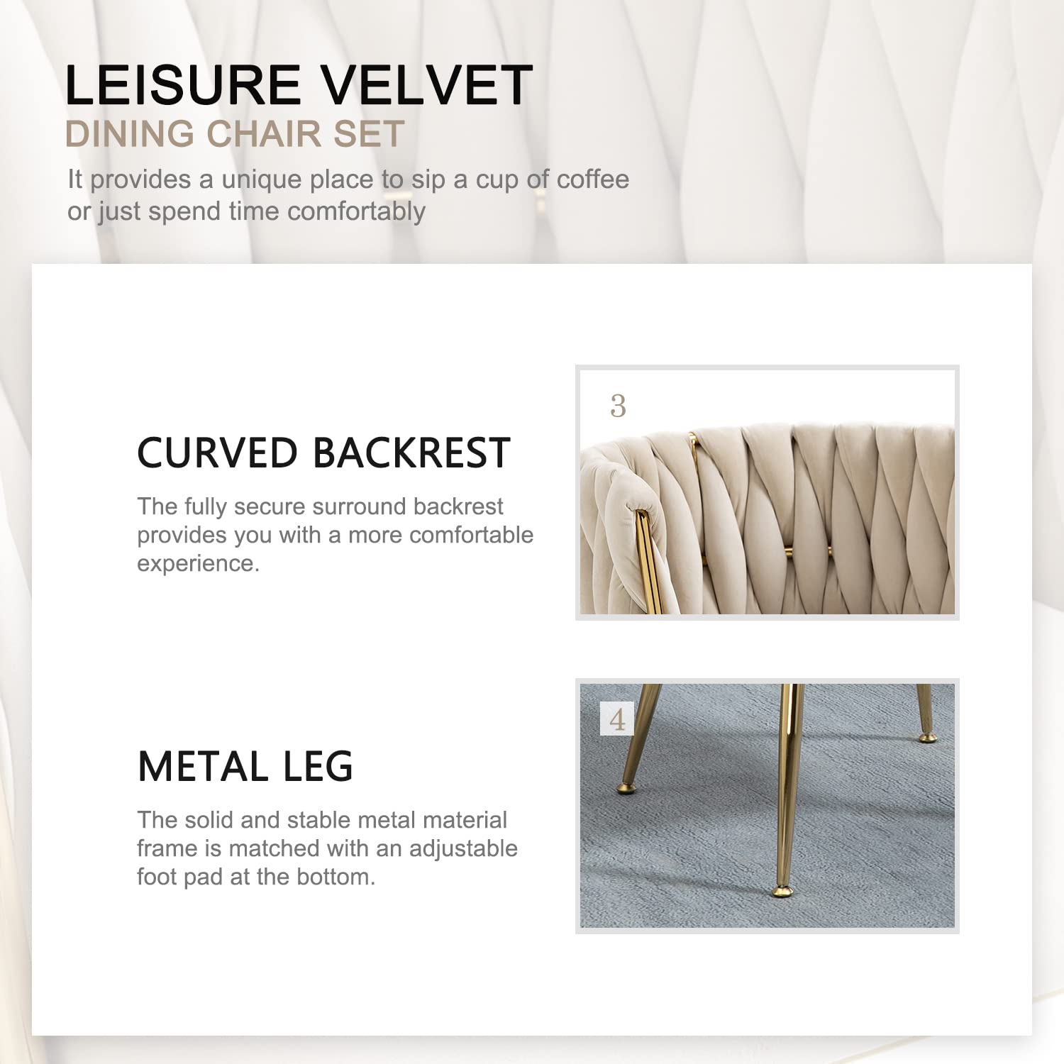 Nrizc Velvet Dining Chairs Set of 4, Woven Upholstered Dining Chairs with Gold Metal Legs, Modern Accent Chairs for Living Room, Dining Room, Kitchen