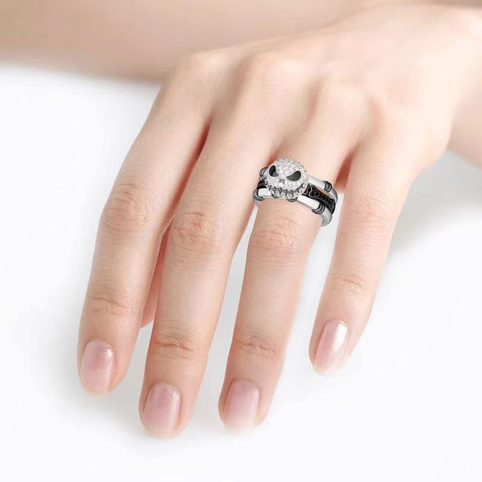 xrxebv Skull Cute Halloween Rings Christmas Ring Black and White Nightmare Before Christmas Ring 2 in 1Skeleton Rhinestone Finger Rings (2 in 1(2), 11)