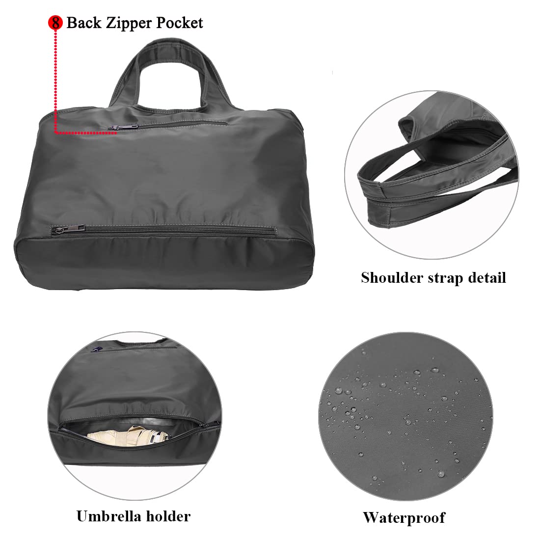 VOLGANIK ROCK Women Fashion Large Tote Shoulder Handbag Waterproof Tote Bag Multi-function Nylon Travel Shoulder (8045-Grey)
