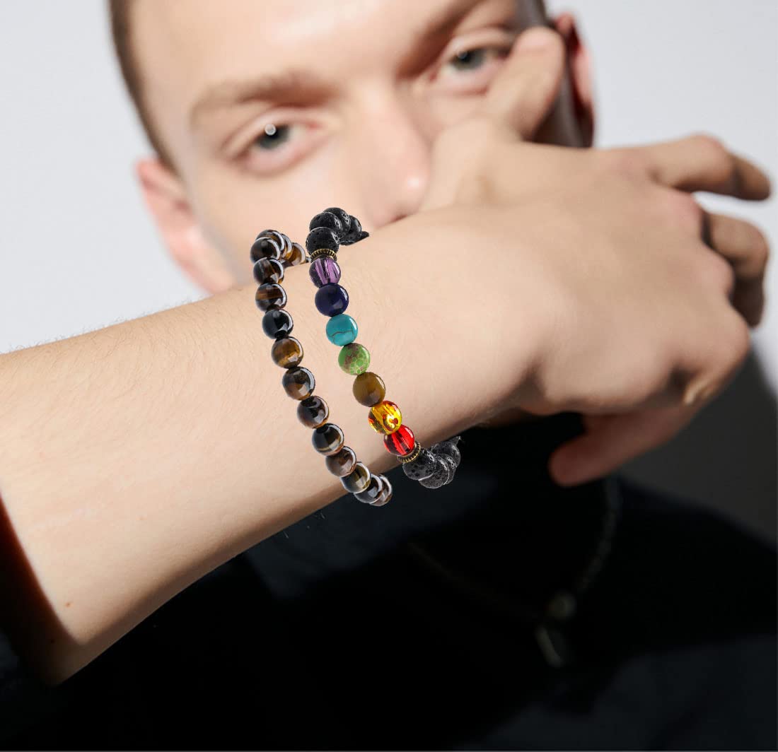 SROBENZ 12 Pcs 8mm Healing Gemstone Adjustable Beads Bracelets for Men Women Chakra Stone Crystal Beaded Bracelets Adjustable Lava Rock Amethyst Bracelets Unisex