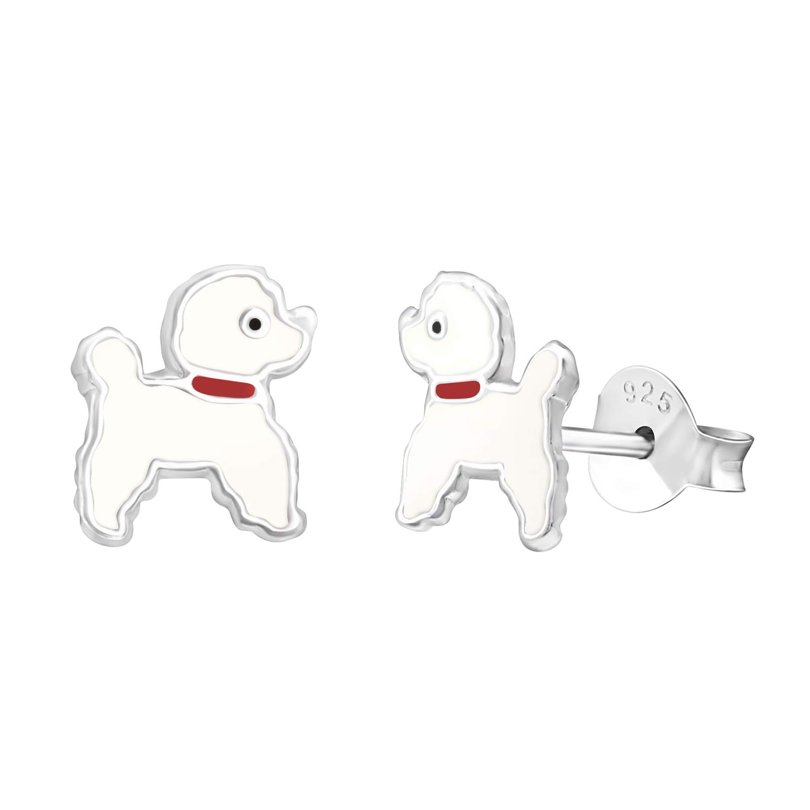 Sterling Silver White Poodle Dog Epoxy Stud Earrings with Push Back