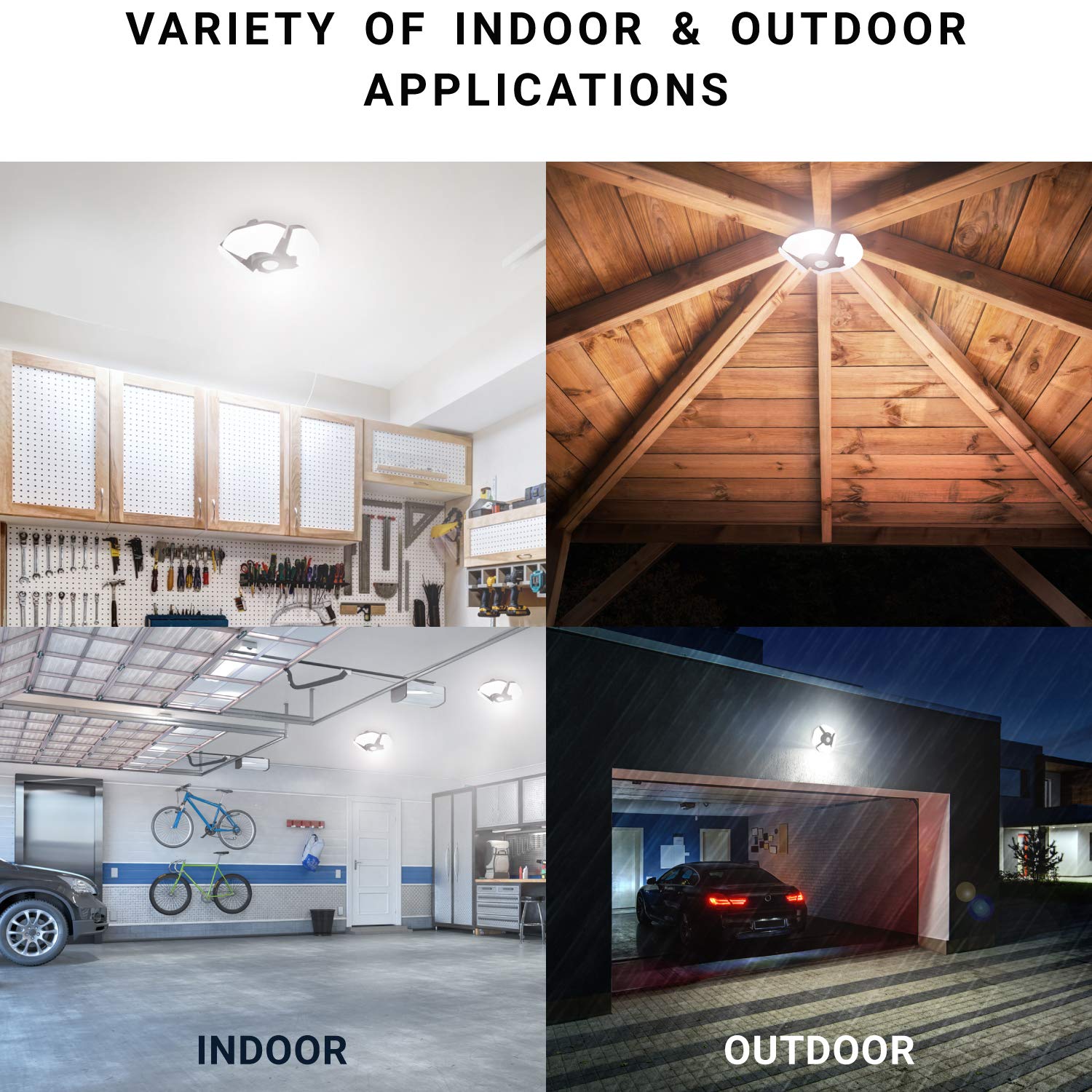 PARMIDA LED Garage Light, Motion Activated, 30W Shop Work Light, E26/E27 Medium Base, 4 Adjustable Panels, Dusk to Dawn Motion Sensor, 5000K, Indoor/Outdoor Screw in Ceiling Light, ETL - Black, 2 Pack