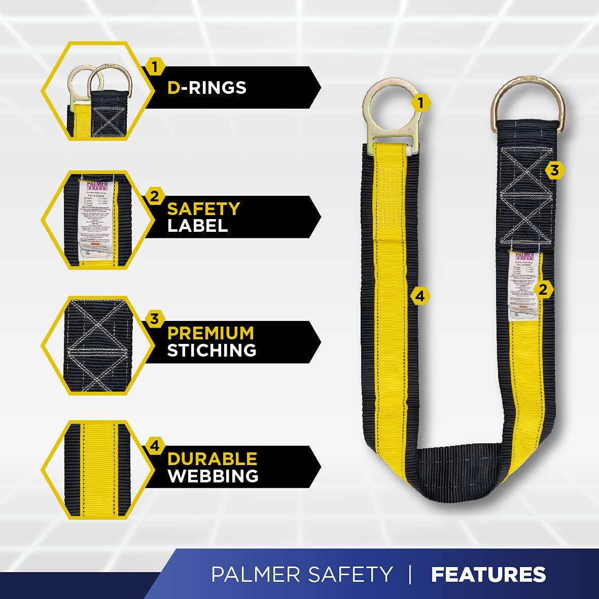 Palmer Safety Fall Protection Safety 4' Cross Arm Strap I 3β Wide Pass-through with Large D-Ring and Small D-Ring I ANSI OSHA Anchorage Sling Compliant Fall Arrest System