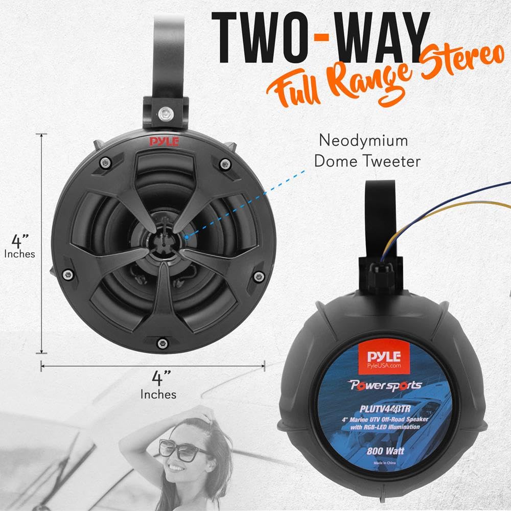 Pyle 2-Way Dual Waterproof Off-Road Speakers - 4" 800W Marine Grade Wakeboard Tower Speakers System w/RGB Lights & Remote, Full Range Outdoor Audio Stereo Speaker for ATV/UTV, Jeep, Boat PLUTV44BTR