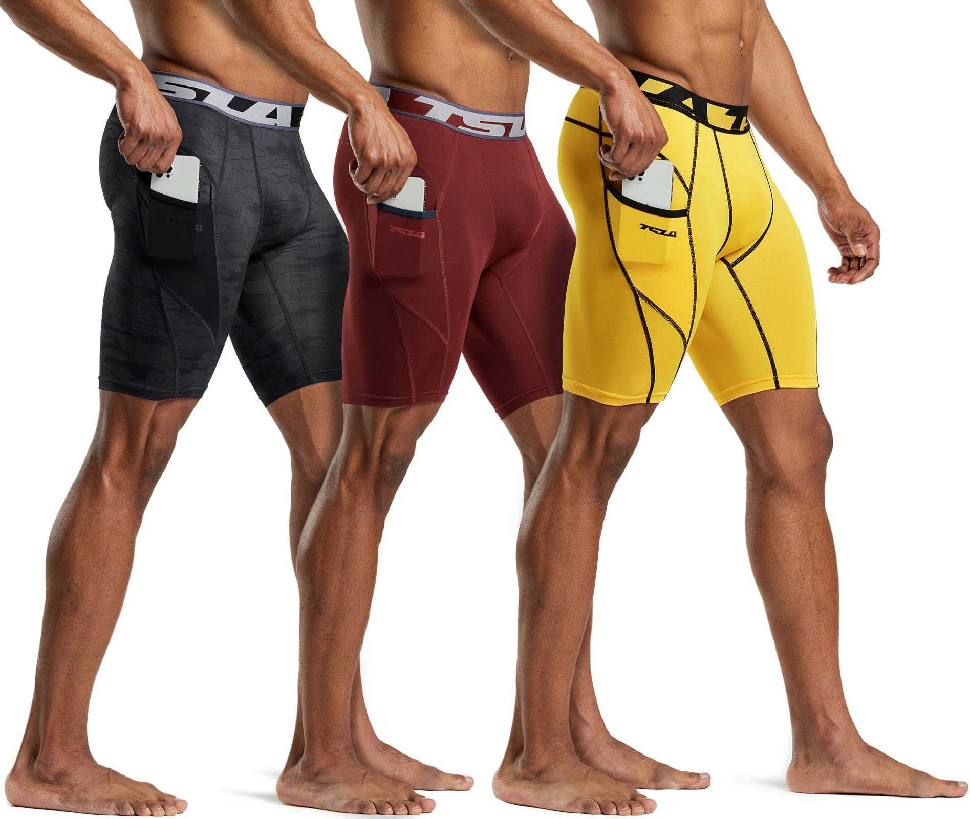 TSLA Men's Athletic Compression Shorts, Sports Performance Active Cool Dry Running Tights, Pocket 3pack Urban Camo Black/Yellow/Brick, Medium
