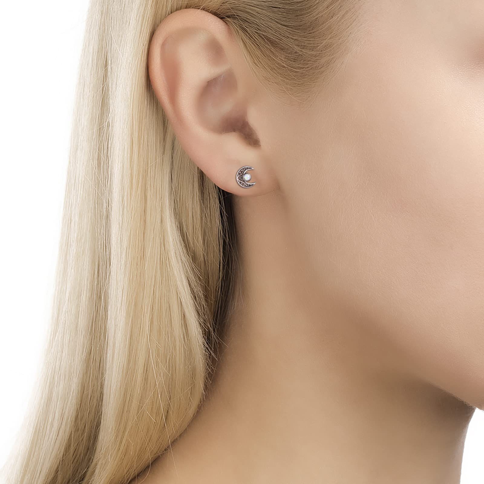 Sterling Silver Moon Earrings for Women: Opal Crescent Moon Stud Earrings Jewelry Gift for Teen