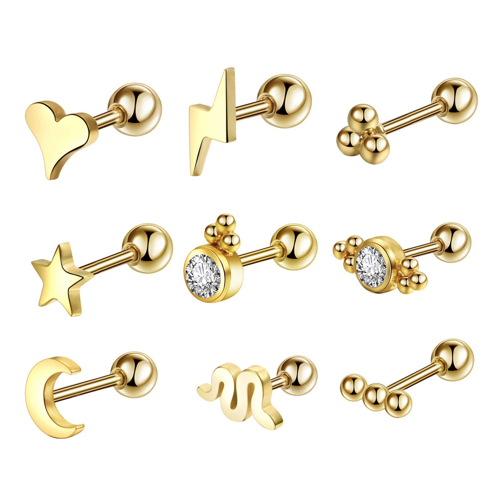 Toppiercing 9 Pcs Stainless Steel Stud Earrings Set 20g Screw Back Ball Tragus Stud CZ Rhinestone Cartilage Earrings Helix Ear Piercing Jewelry