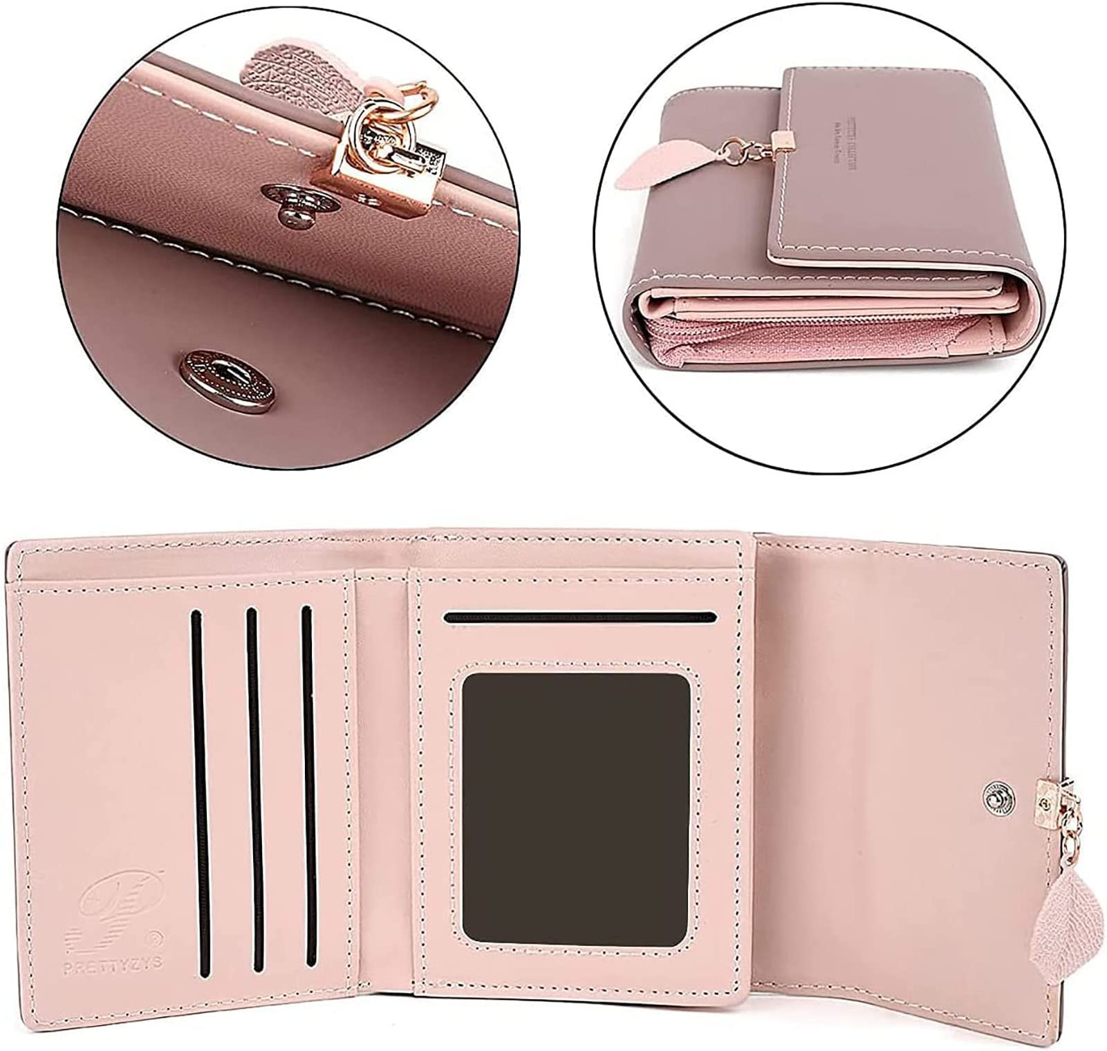 YLFERIF Small Wallet Women Leaf Pendant Womens Wallet Trifold Thin Wallet for Women Coins Zipper Pocket With ID Window Small Size Grey (Pink)