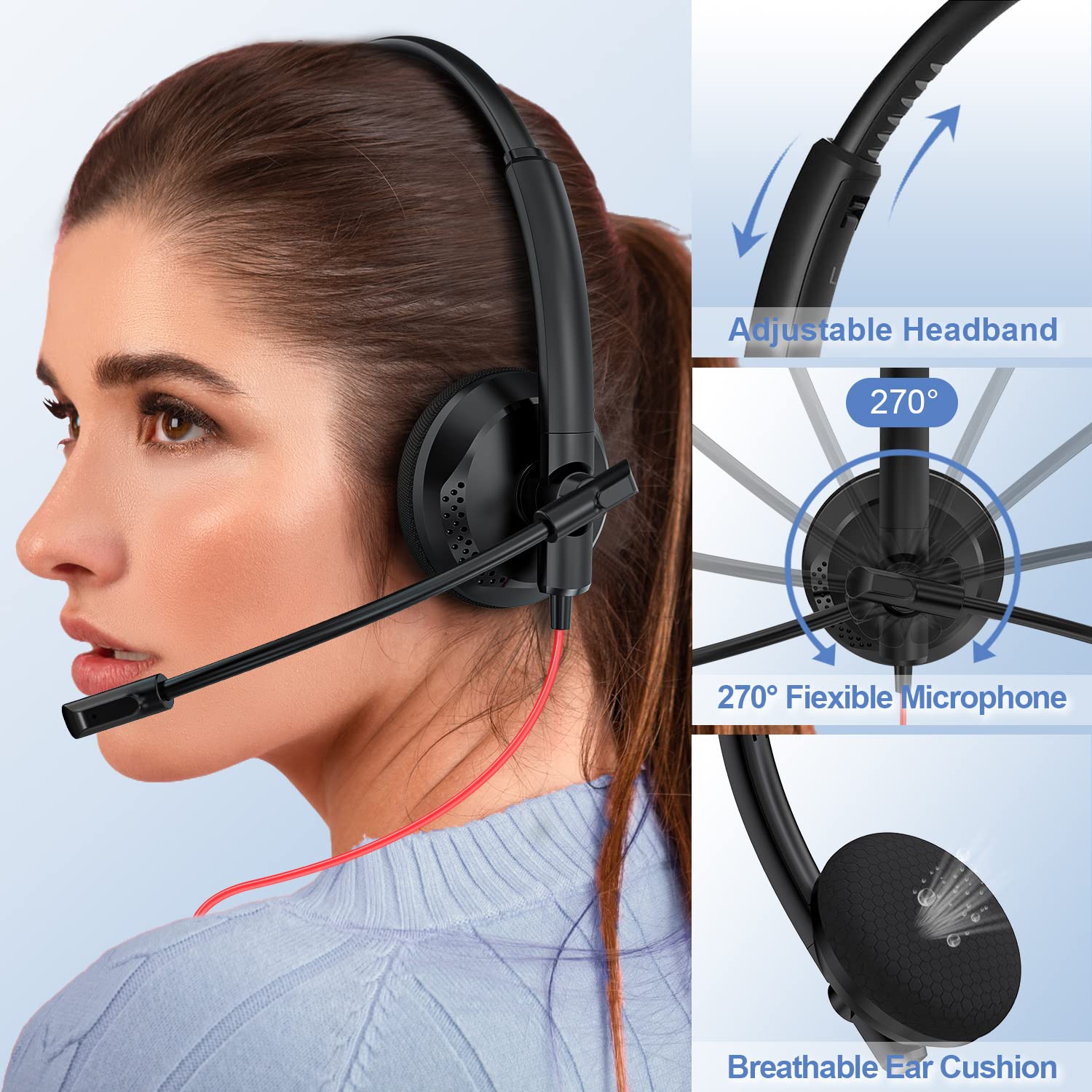 NUBWO HW03 USB Headset with Microphone for PC - Headphones with Microphone for Laptop, Mac, Computer, in-Line Control, Ideal Headset for Work, Office, Classroom, Call Center, Zoom, Skype