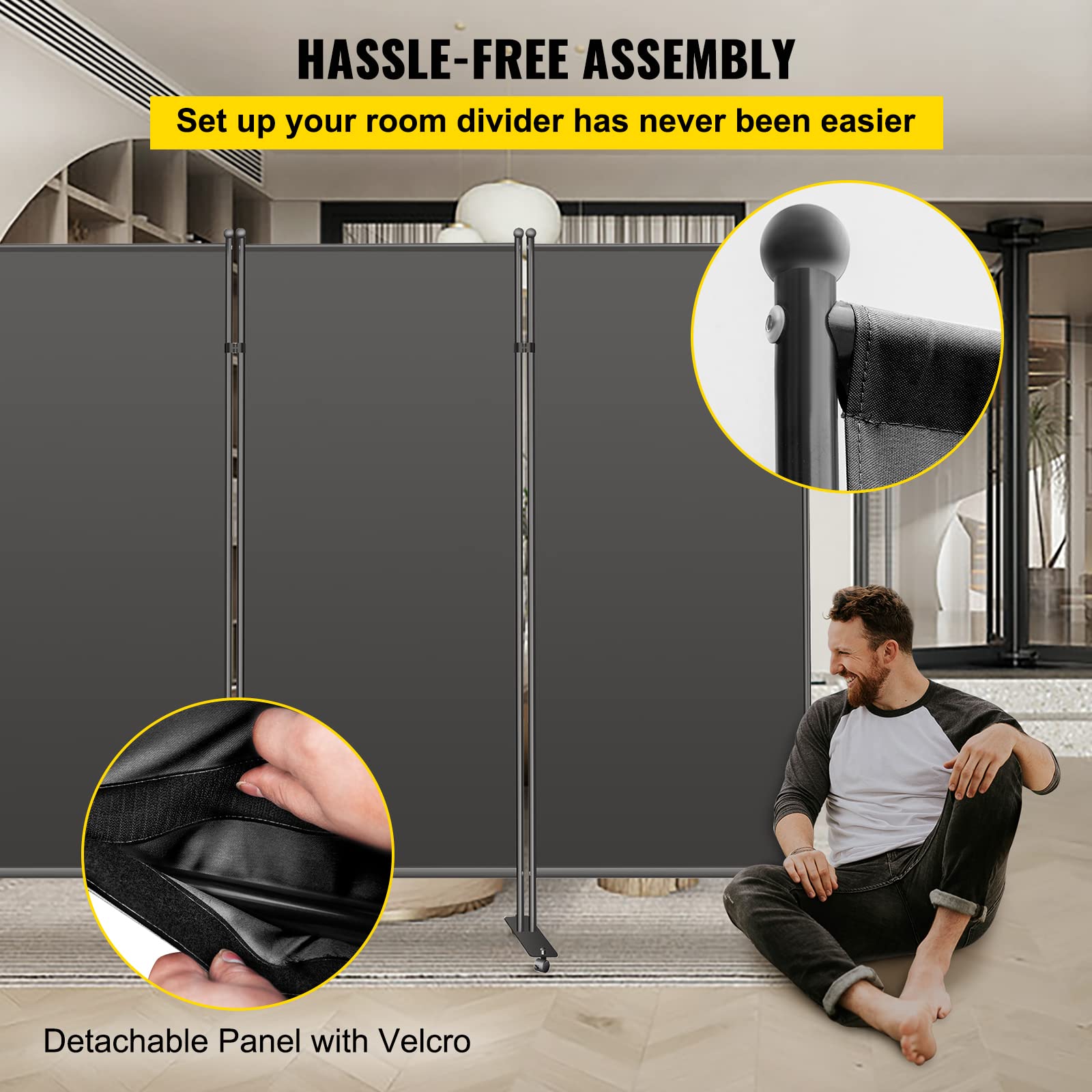 VEVOR Room Divider 6ft, Room Divider Wall 3 Panels, Partition Room Dividers 89"x73", Folding Room Divider, Panel Room Divider, Folding Privacy Screen with Wheels (Black) for Home, Dorm, Office