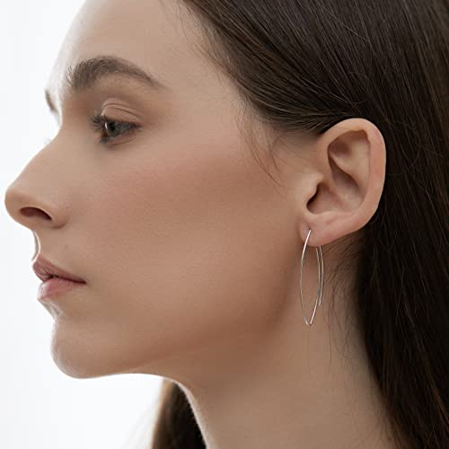 Sterling Silver Elliptical Threader Pull Through Hoop Earrings,Unique Personalized Handmade Oval Leaf-shaped Earrings Hypoallergenic for Women