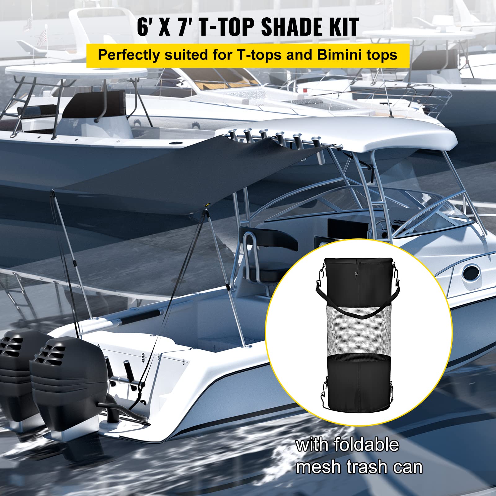 VEVOR T-Top Sun Shade Kit 6' x 7', UV-Proof 600D Polyester T-top Extension Kit with Rustproof Steel Telescopic Poles, Waterproof, Easy to Assemble for T-Tops & Bimini Top
