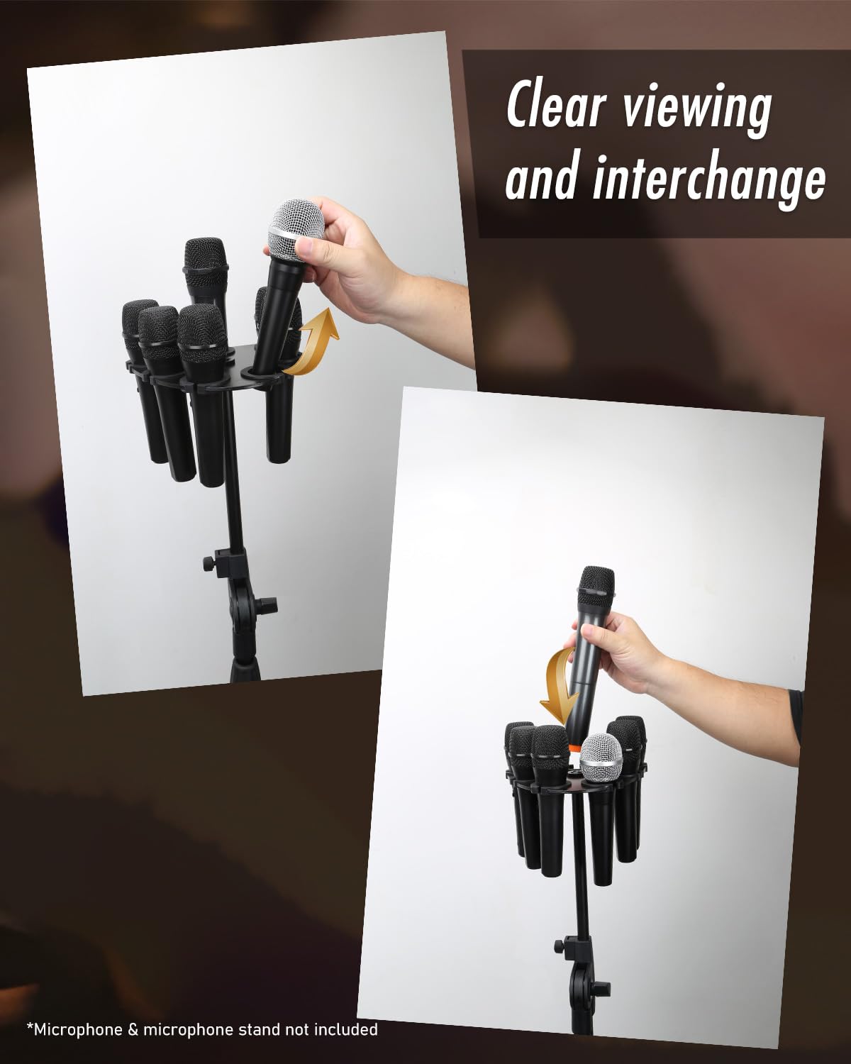 Numhag Microphone Holder, Multi Mic Holder for Wired and Wireless Mics, Multiple Microphone Organizer and Display for Mic Stand, Hold Up to 7 Microphones, Aluminum, Black