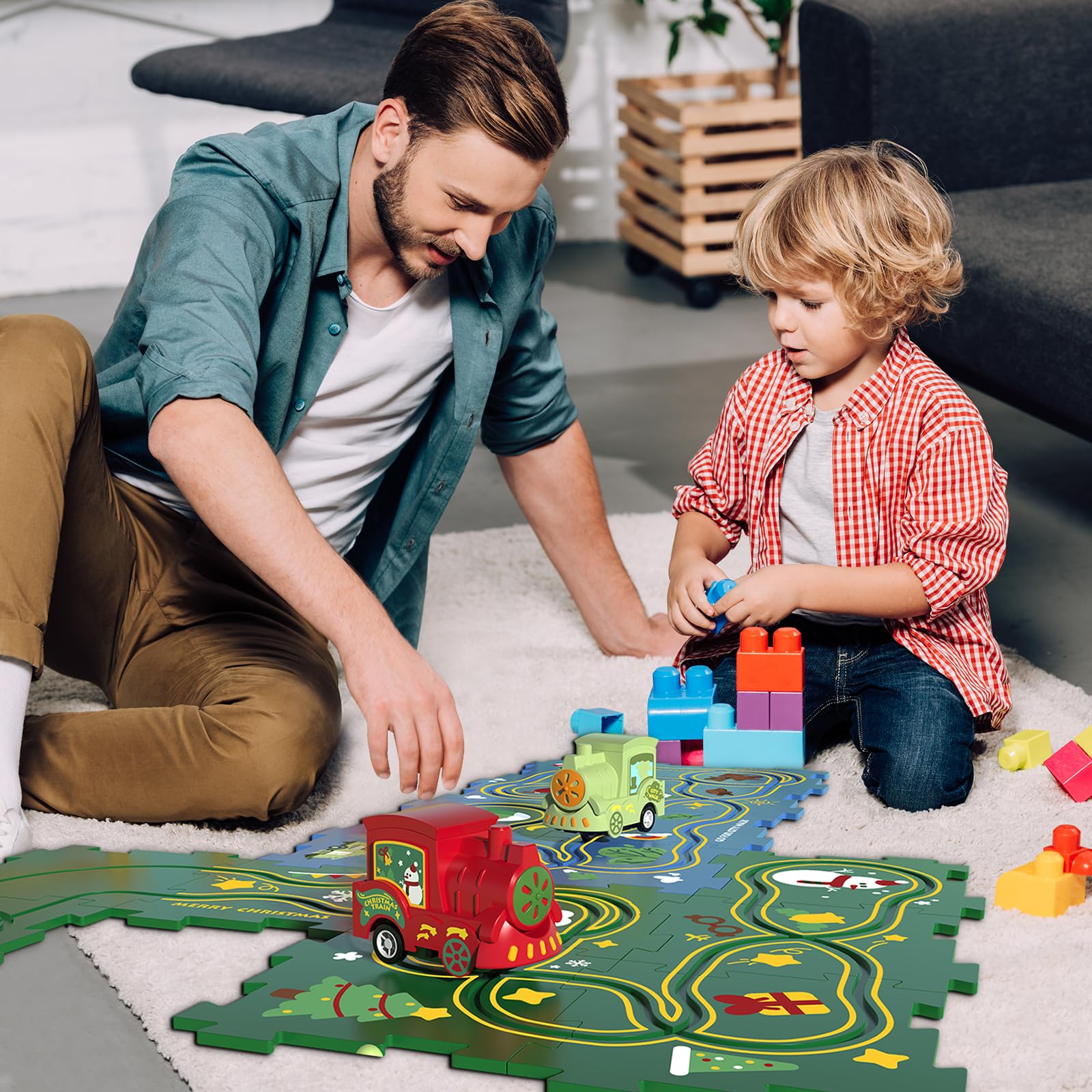 NULAOBA Children's Educational Puzzle Track Cars Play Set with Vehicles DIY Assembling Rail Car Puzzle Fun Learning Toy for Kid Boy Girl(Christmas 13pcs)