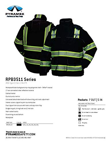 Pyramex RPB35 Series Teflon Coated Waterproof Black Parka ANSI Type O Class 1 With Quilted Lining Large