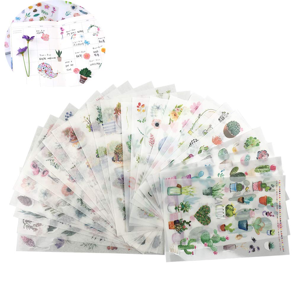 Plant Stickers 24 Sheets 520 Non-Repeating Green Cute Cactus Watercolor Plant Decorative Stickers for Stationery Stick Label DIY Diary Scrapbook Planner Album Journal Laptop Decoration