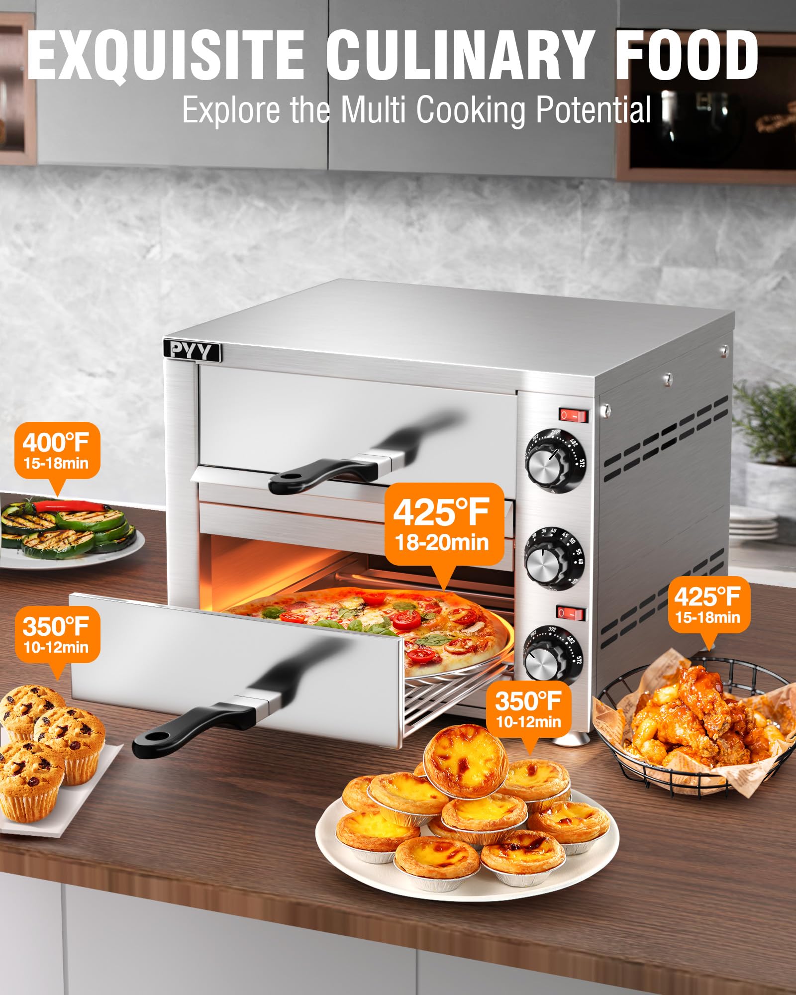 PYY Countertop Pizza Oven Electric Indoor Pizza Oven Commercial Stainless Steel 2-Layers Pizza Cooker with Timer for Home Restaurant Silver