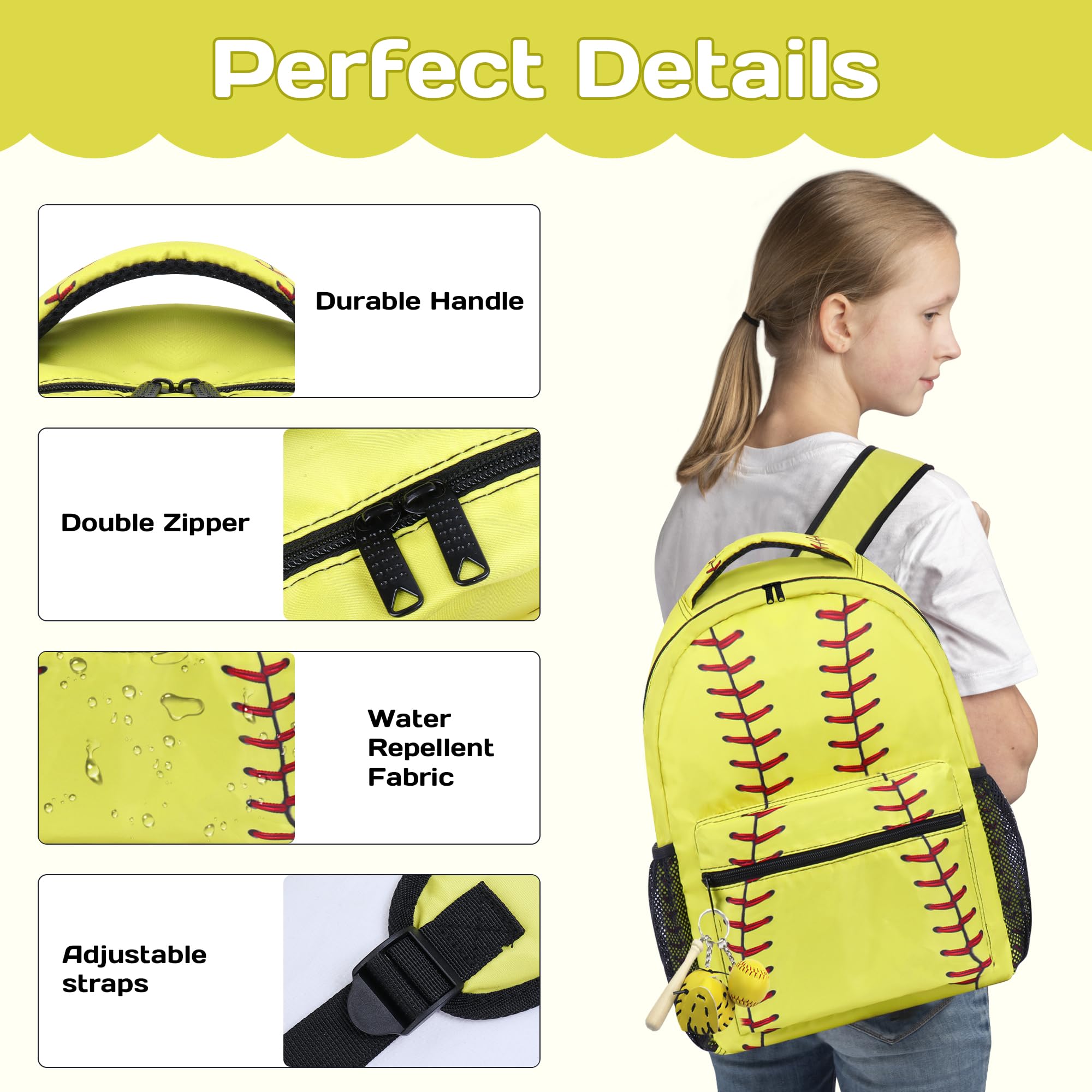 NHBTGSF Softball Backpack for Girl,Kids Softball Backpack for School,17inch Backpack Set with Lunch Bag and Keychain