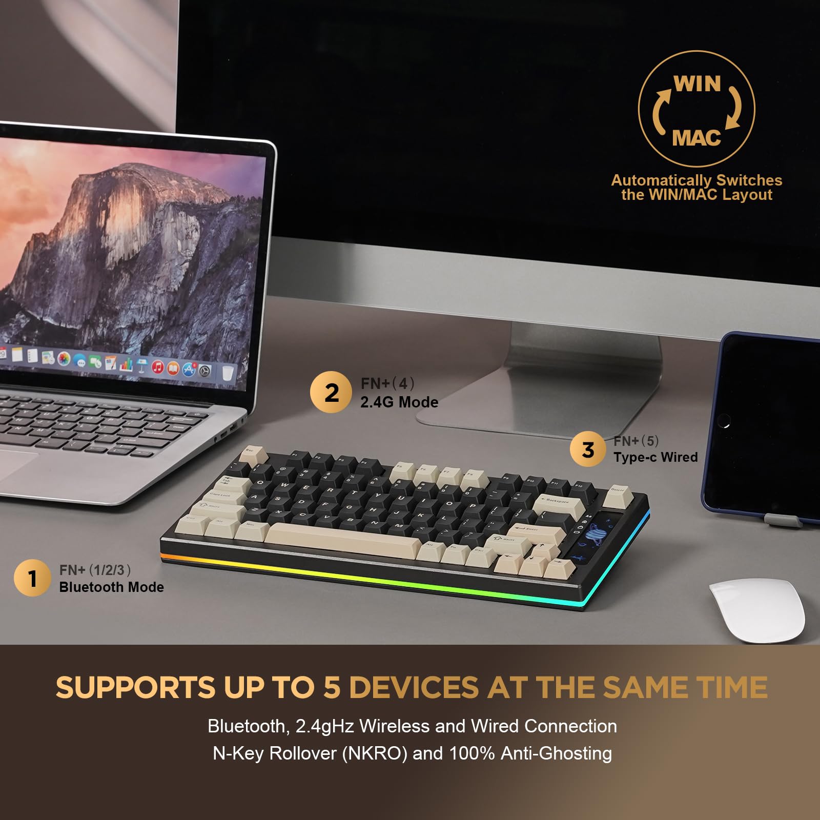 YUNZII YZ75 75% Hot Swappable Wireless Gaming Mechanical Keyboard, RGB Backlights, BT5.0/2.4G/USB-C, Dye Sub PBT Keycaps for Linux/Win/Mac(Gateron G Pro Brown, White)