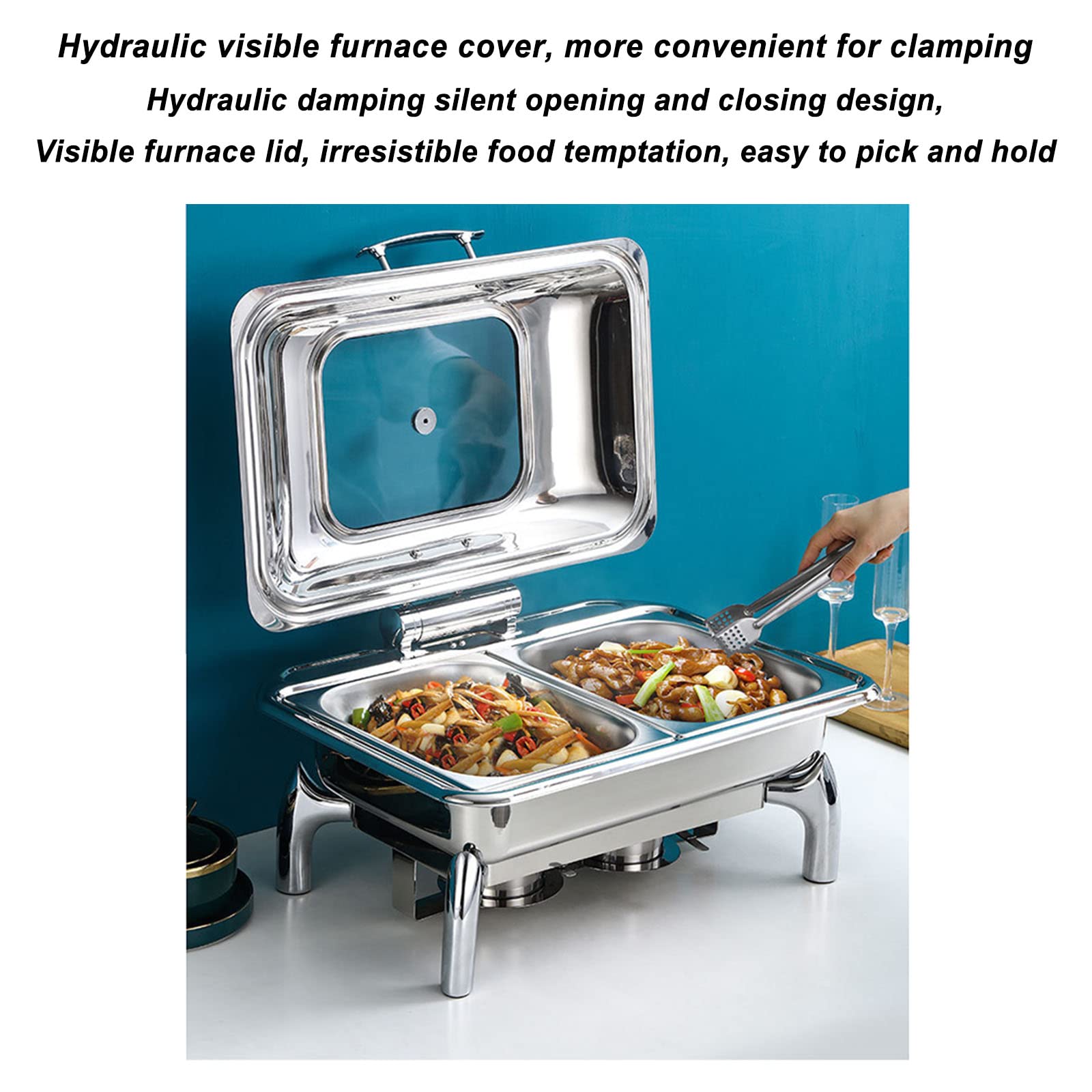 SunCourtyard 9L Chafing Dish Buffet Set, Stainless Steel Catering Serve Chafer, Restaurant Food Warmer Rectangular Buffet Stove with Visible Covers and Cutlery Storage Rack