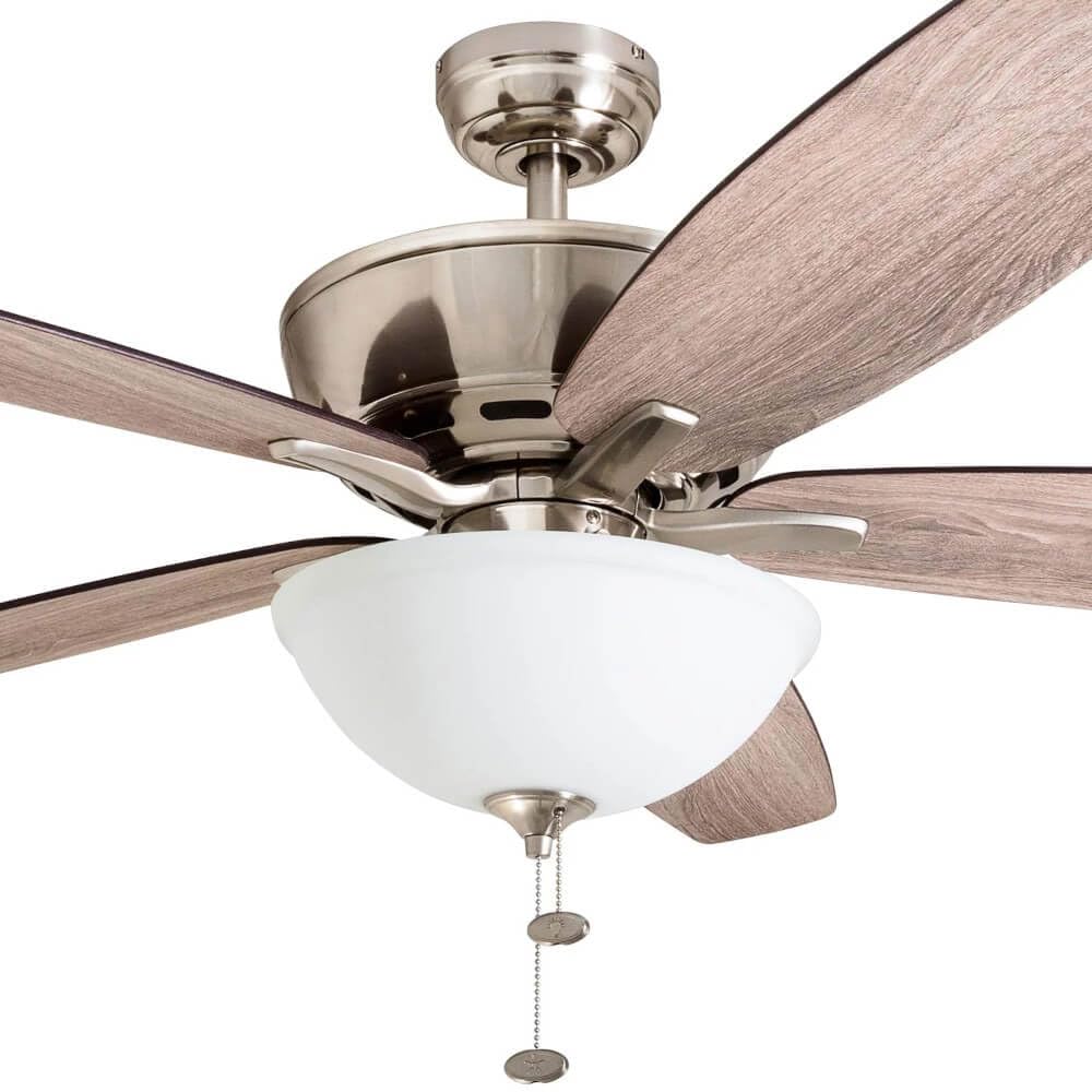 Prominence Home Denon, 60 Inch Traditional Indoor LED Ceiling Fan with Light, Pull Chain, Three Mounting Options, 5 Dual Finish Blades, Reversible Motor 51029-01 (Brushed Nickel)