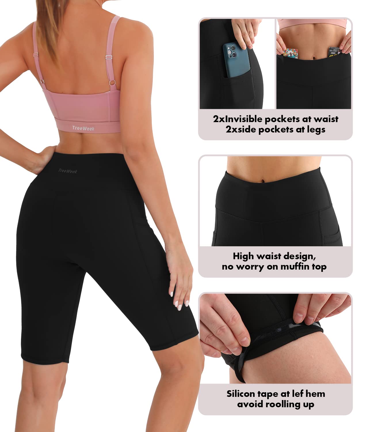 TreeWeek Yoga Workout Shorts with Pockets for Women High Waisted Tummy Control Butt Lifting Short Tights Light Weight Exercise Biker Cycling Pants(Black,S)