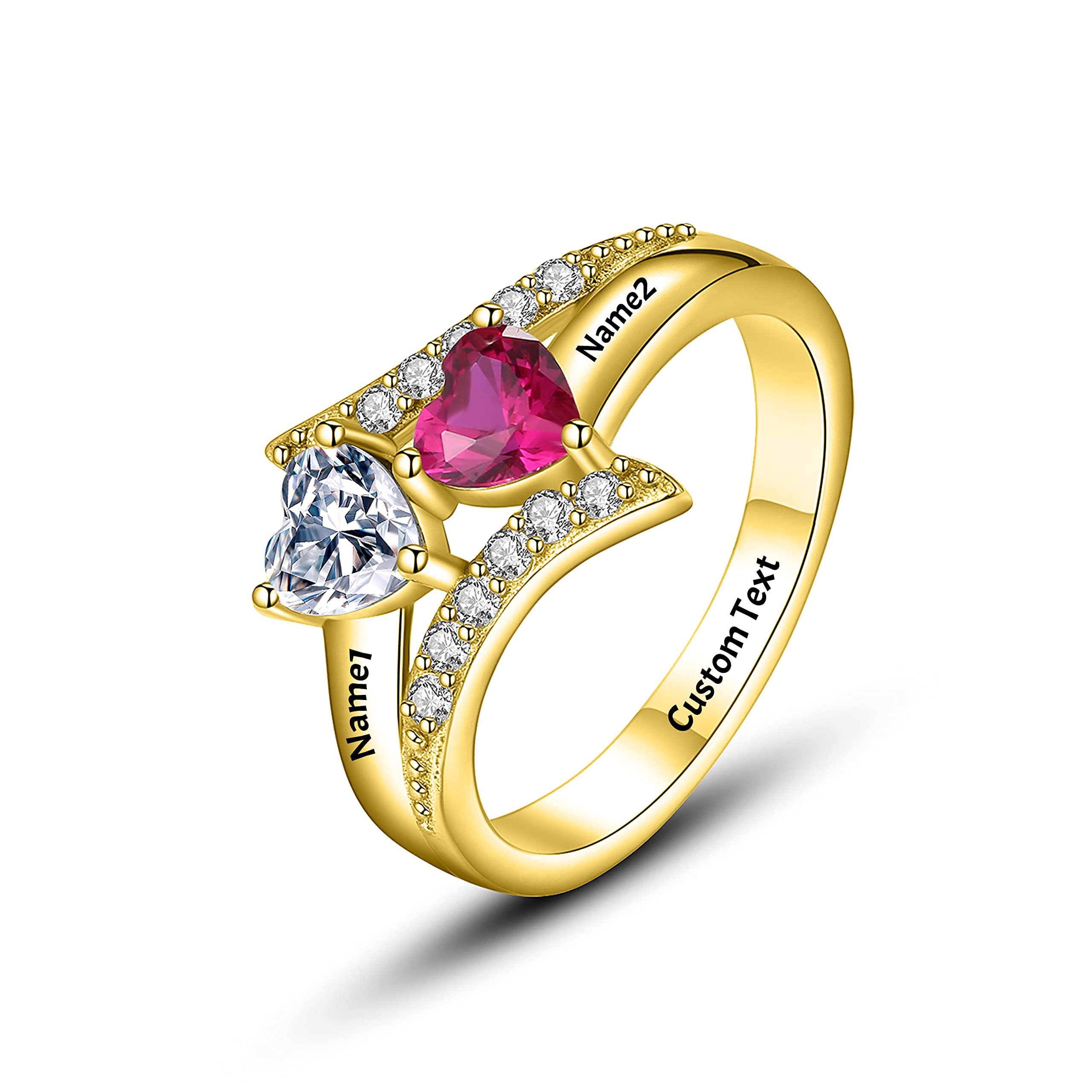 ROWAWA Carved 2 Birthday Stones Promise Ring Couple Heart shaped Engagement Ring Mother Daughter Personalized Jewelry Customized Gift Two Names Mother's Day Gift Sterling Silver