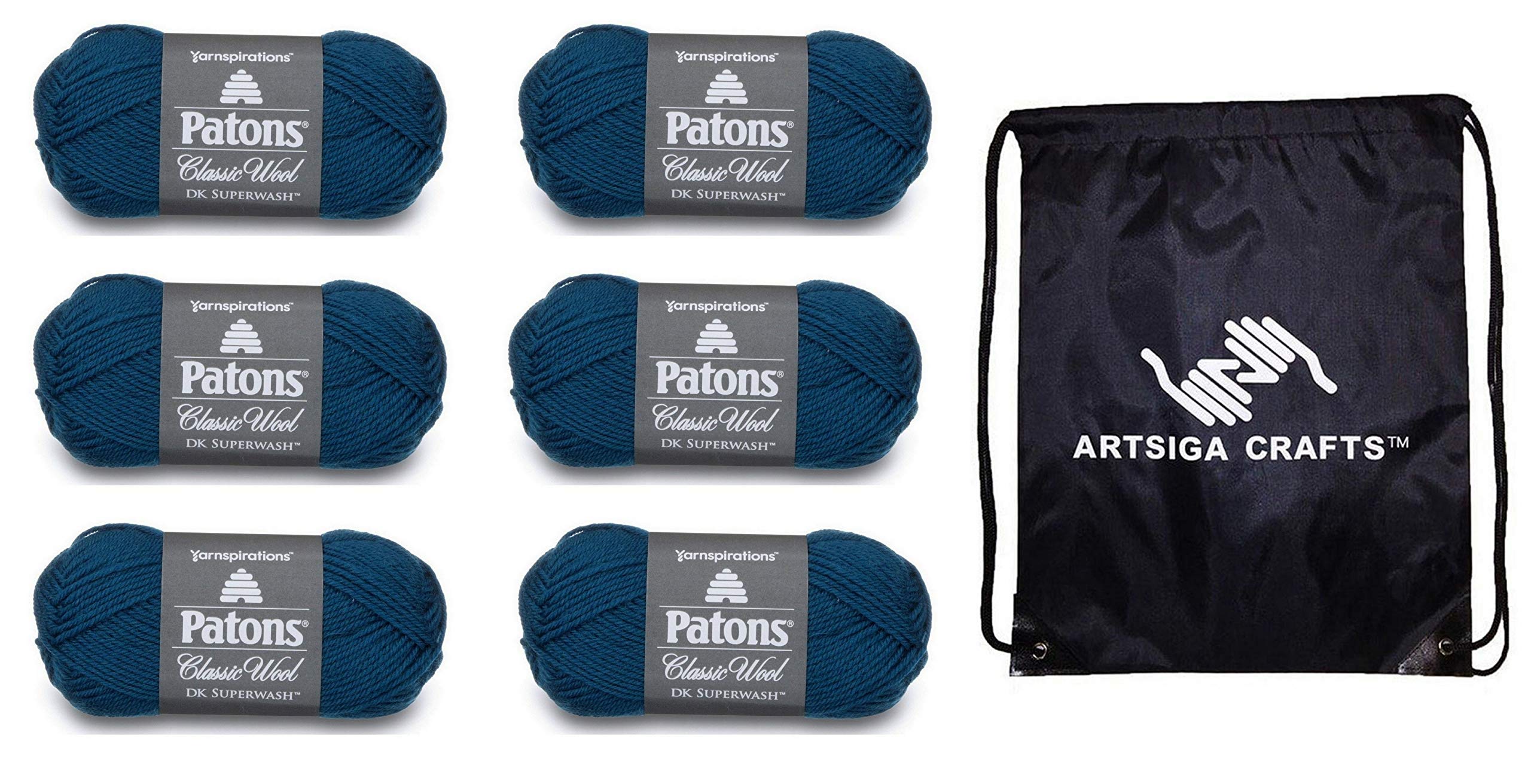Patons Knitting Yarn Classic Wool DK Superwash Mallard Teal 6-Skein Factory Pack (Same Dye Lot) 246012-12203 Bundle with 1 Artsiga Crafts Project Bag