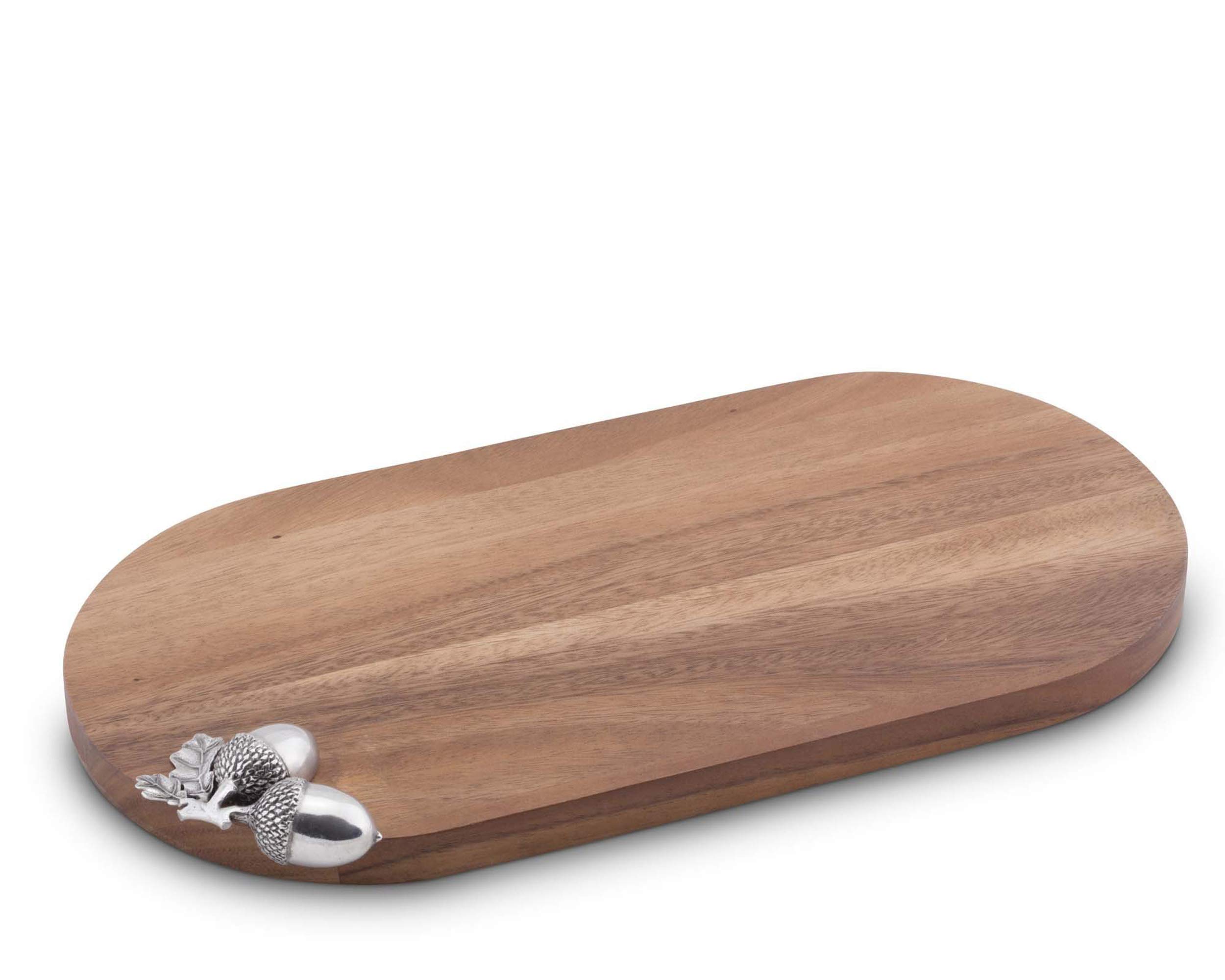 Vagabond House Cutting Bar/Cheese Acacia Wood Board with Pewter Metal Acorn 16.5 inch Long x 9 inch Wide