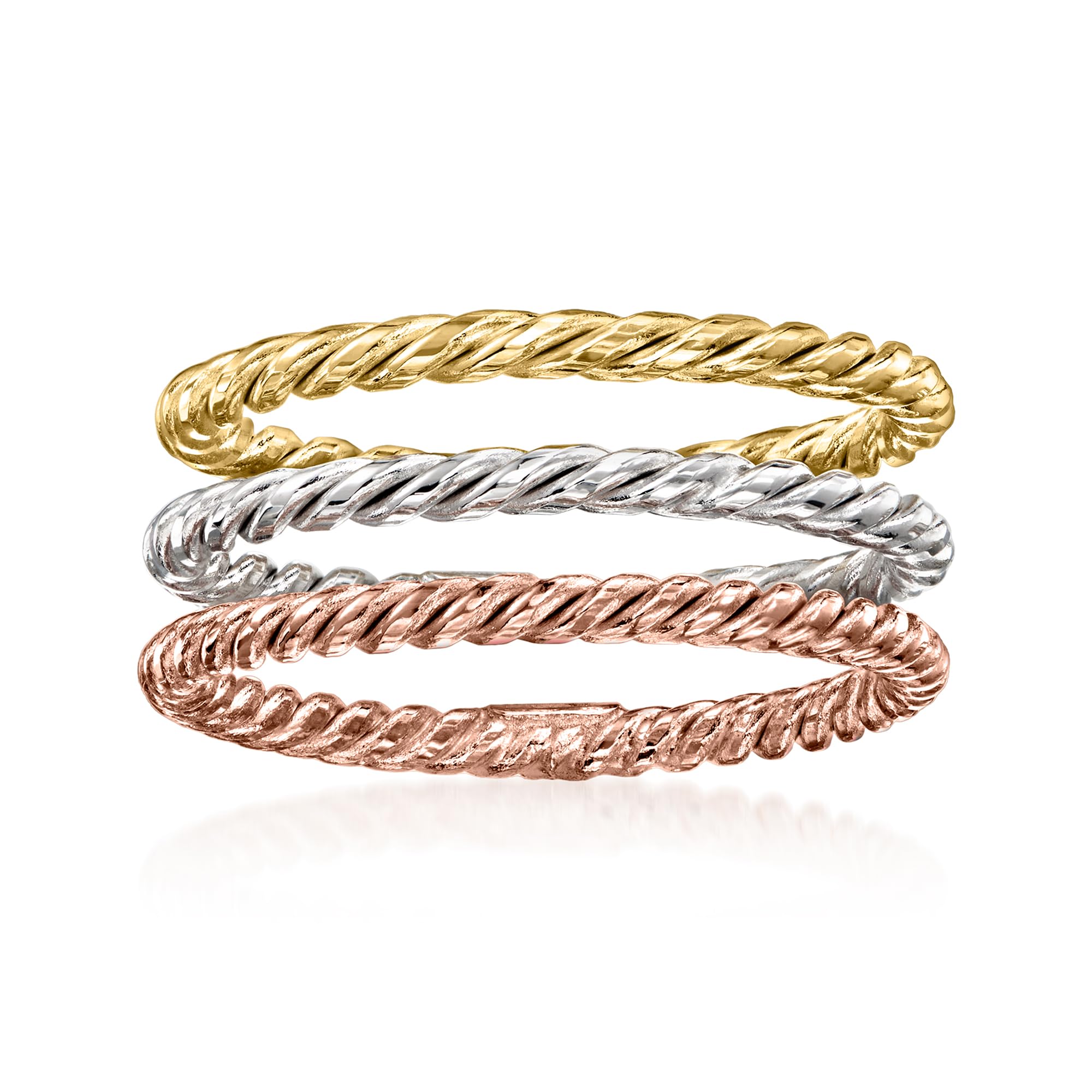 Ross-Simons 18kt Tri-Colored Gold Jewelry Set: 3 Roped Rings. Size 8