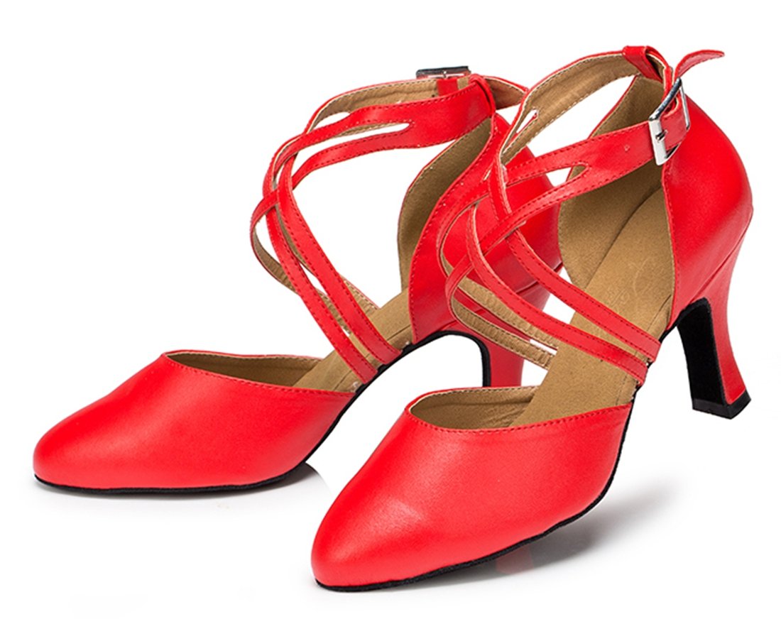 TDA Women's Round Toe Ankle Wrap Buckle Red Leather Salsa Tango Ballroom Latin Modern Dance Wedding Shoes 4 M US
