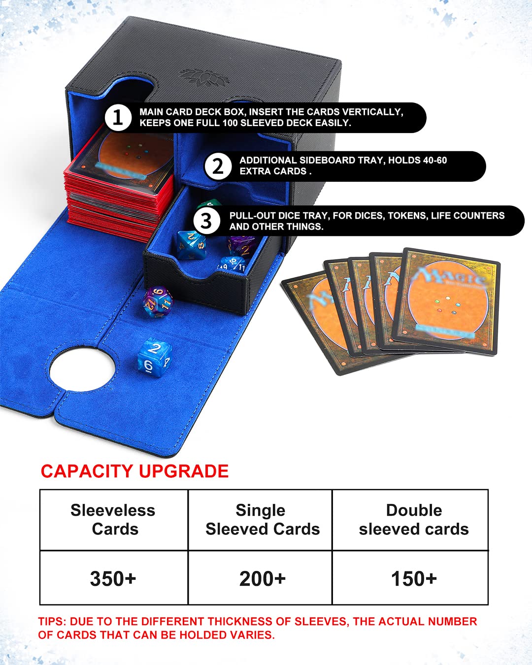 UAONO Card Deck Box for MTG Commander Deck, Double Deck Box With Dice Tray Holds 200+ Sleeved Trading Cards, Card Case Storage Box for Magic The Gathering Sports Playing Cards (Black&Blue)