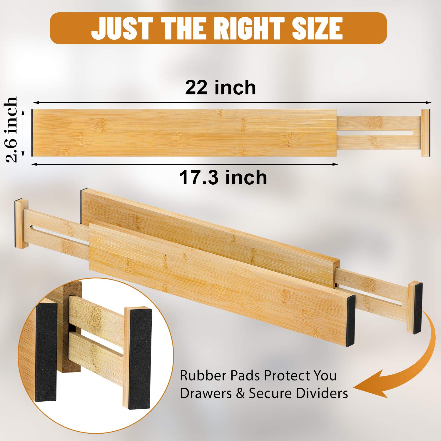 Ryqtop Bamboo Drawer Dividers Organizers, Kitchen Drawer Organizer, Adjustable Drawer Divider for Clothes, Kitchen, Dresser, Bedroom, Bathroom and Office, 4-Pack (Natural, 17-22 IN)