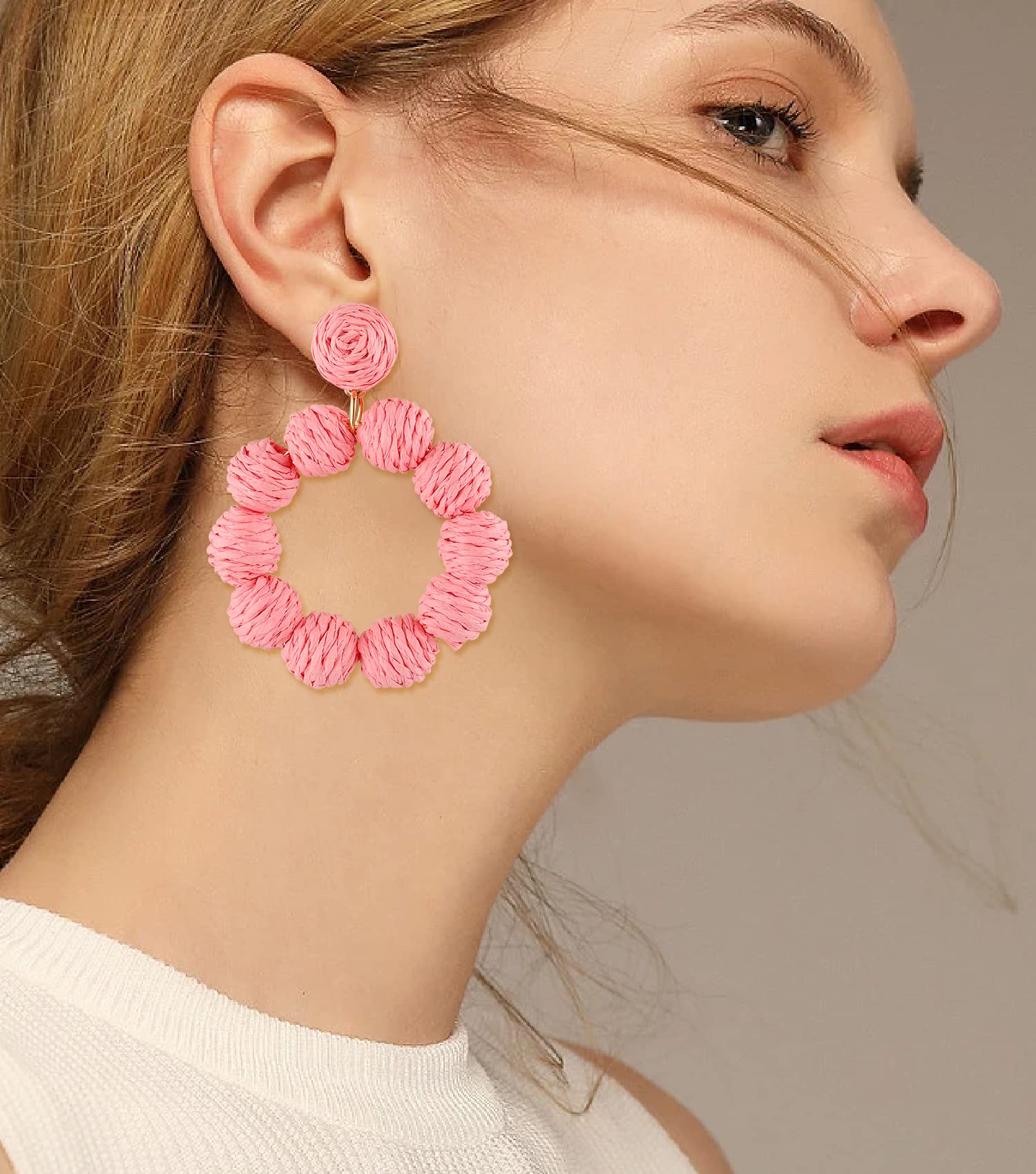Statement Raffia Earrings for Women Boho Rattan Ball Hoop Dangle Earrings Handmade Bohemia Braid Straw Wicker Raffia Wrapped Drop Earrings Summer Beach Earrings Jewelry