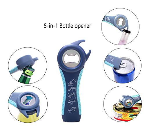 Tyzine Jar Opener|5 in 1 Multi Function Can Opener Bottle Opener Kit with Silicone Handle|Easy to Use for Women, Elderly and Arthritis Sufferers (Blue)
