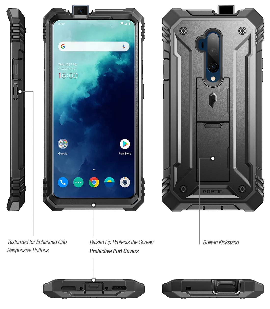 Poetic Revolution Case for OnePlus 7, [20FT Mil-Grade Drop Tested], Full-Body Rugged Dual-Layer Shockproof Protective Cover with Kickstand and Built-in-Screen Protector, Black