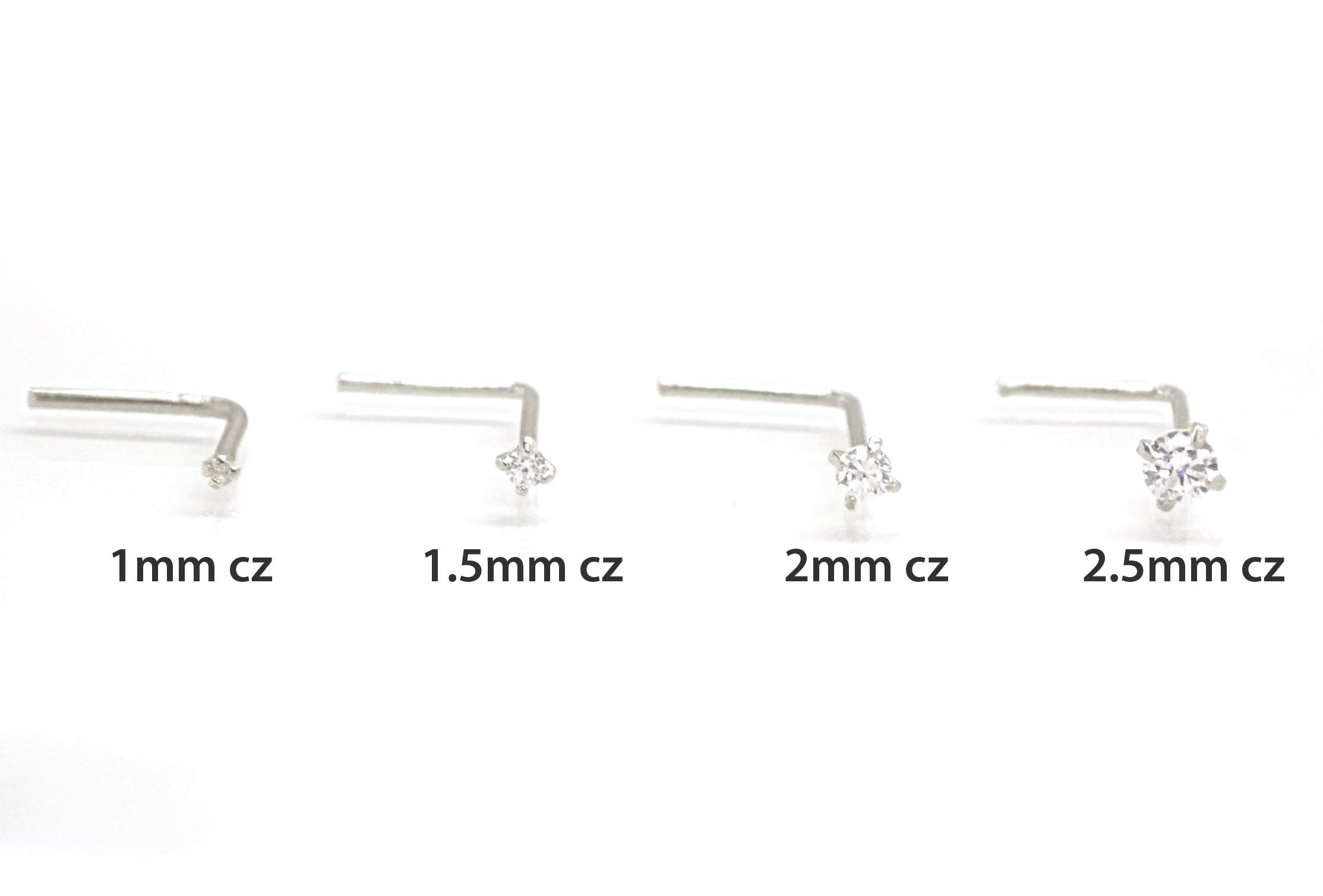 Solid 14Kt Gold Nose Ring, 22G L-Shaped Nose Stud, 14kt Yellow Gold or 14kt White Gold Nose Ring Prong Set CZ Accent-WG2.5mm