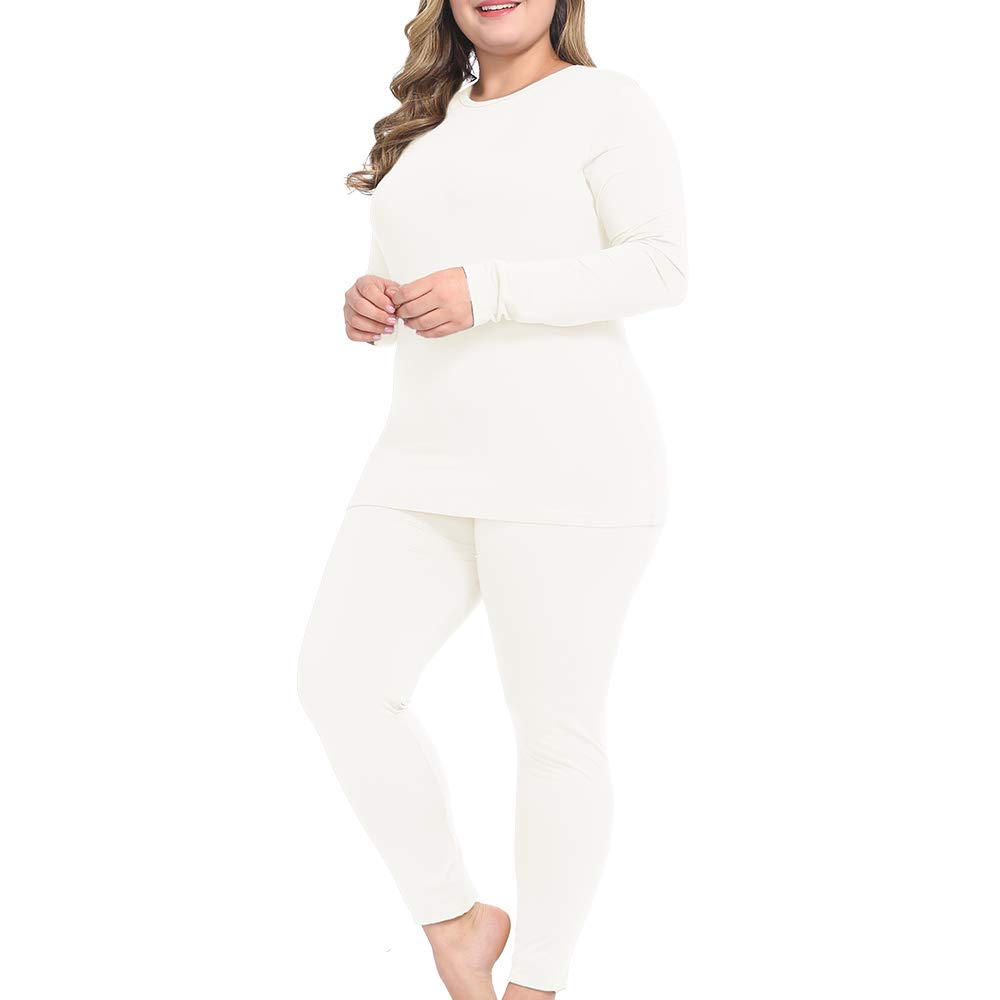 Nuonita Thermal Underwear for Women Plus Size Long Johns Set Fleece Lined Base Layer Top & Bottom 4XL White